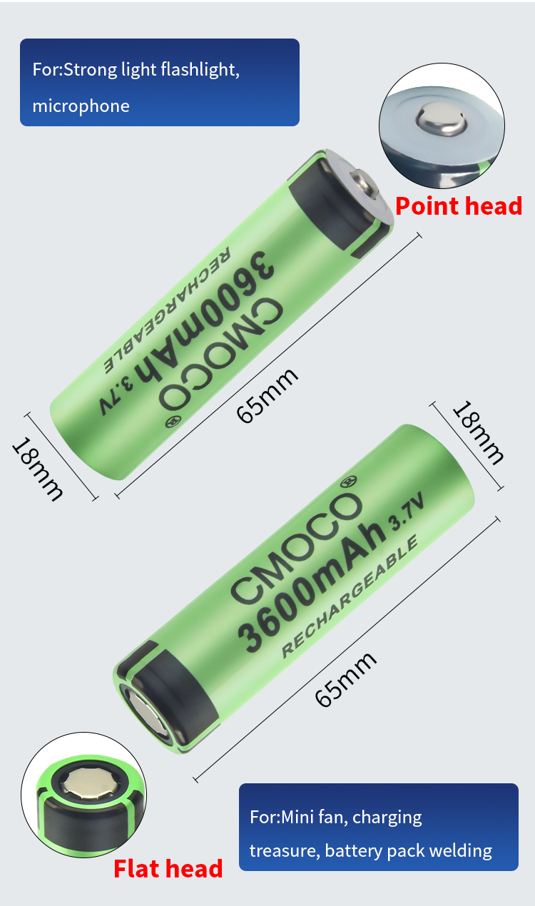 2PCS CMOCO 18650 Battery 3000 3600mAh Flashlight Battery Li-ion 3.7V ...