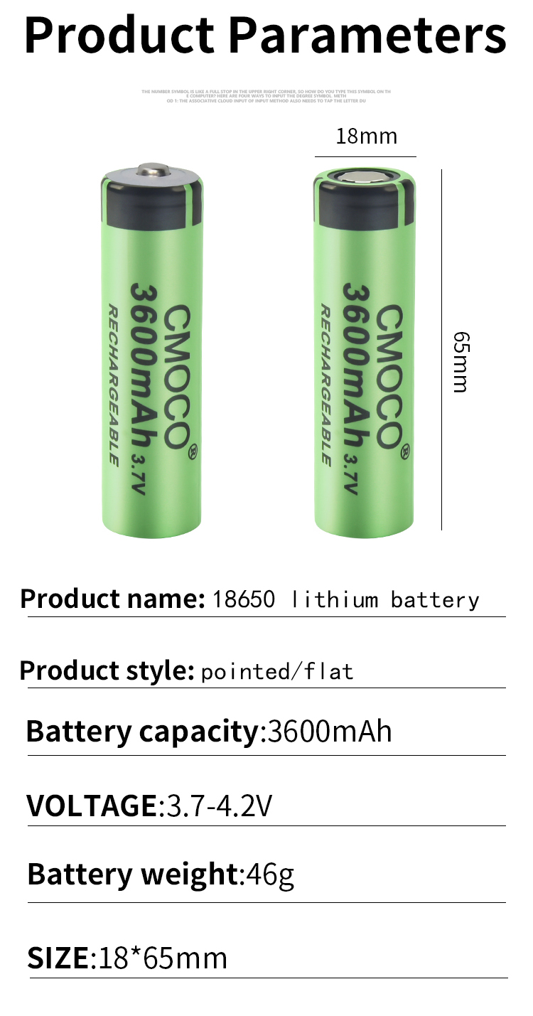2PCS CMOCO 18650 Battery 3000 3600mAh Flashlight Battery Li-ion 3.7V ...