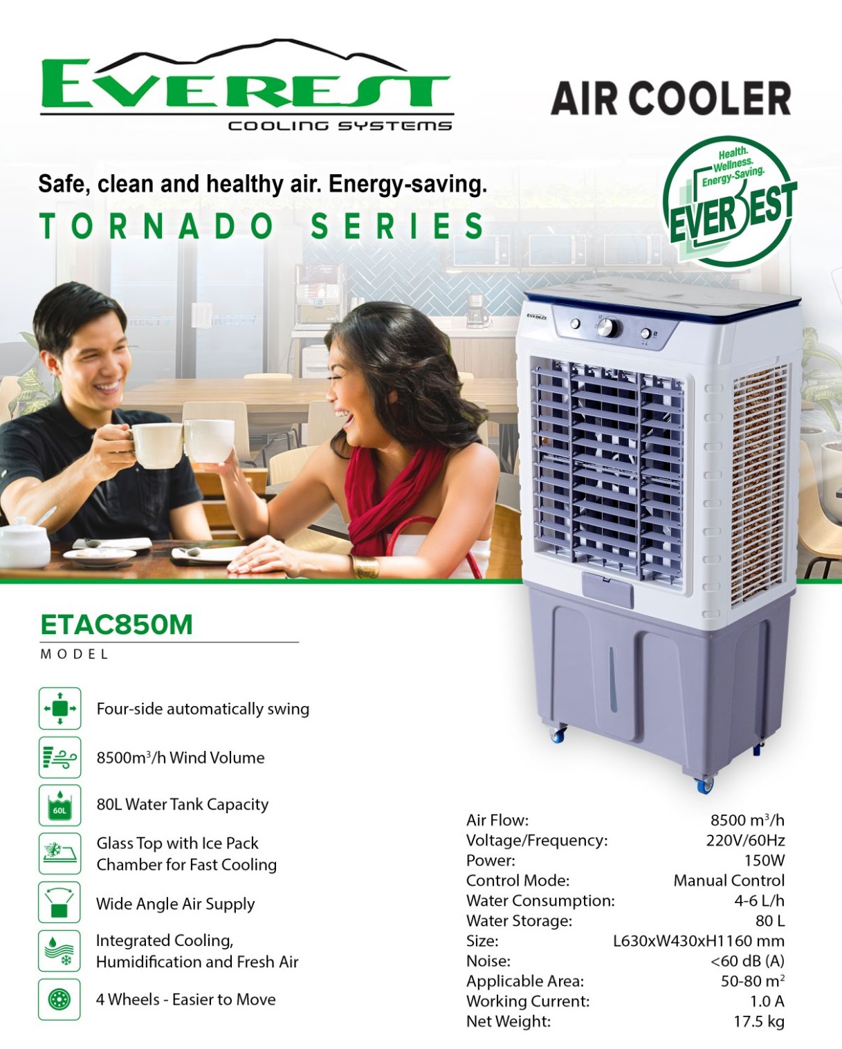 EVEREST 80L Air Cooler/Wide Angle Air Supply/ 2 Ice Pack Chamber/ 3 fan ...