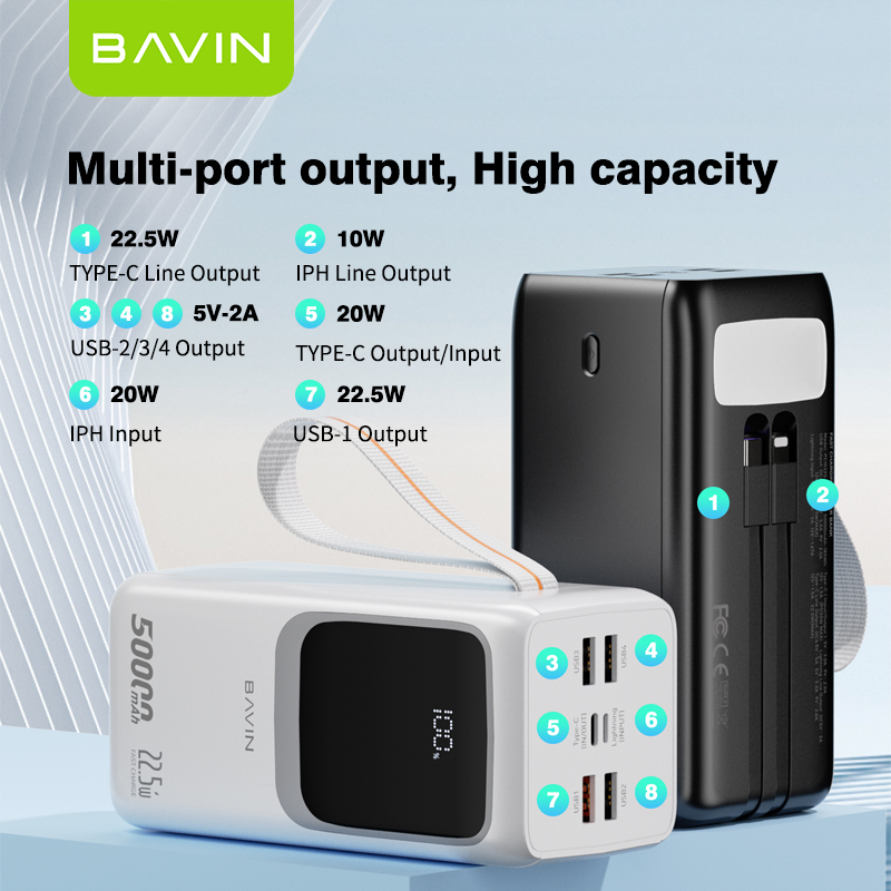 BAVIN PC1032 50000mAh / PC1031 30000mAh 22.5W PD Fast Charging Power bank Built-in Cable LED ...