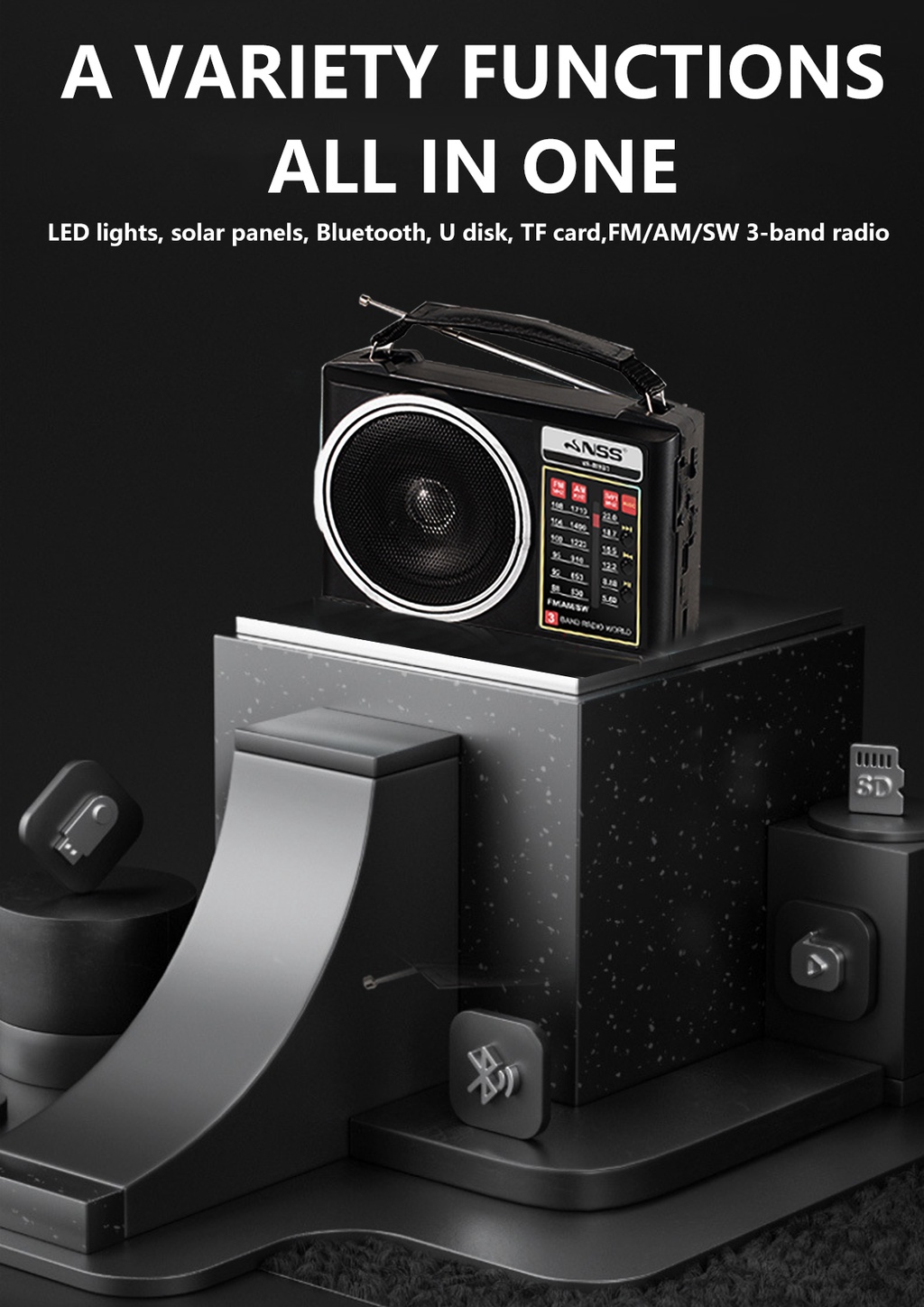 NSS solar radio FM/AM/SW3 band radio with USB/TF music player and LED ...