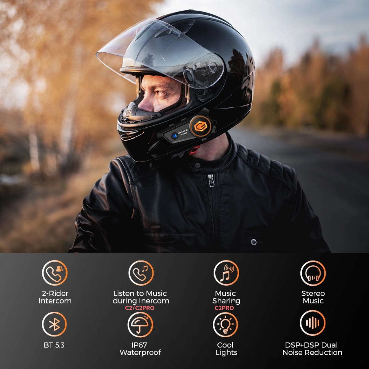 GEARELEC C2 Motorcycle Helmet Intercom Headset For 2 Riders For Talk ...