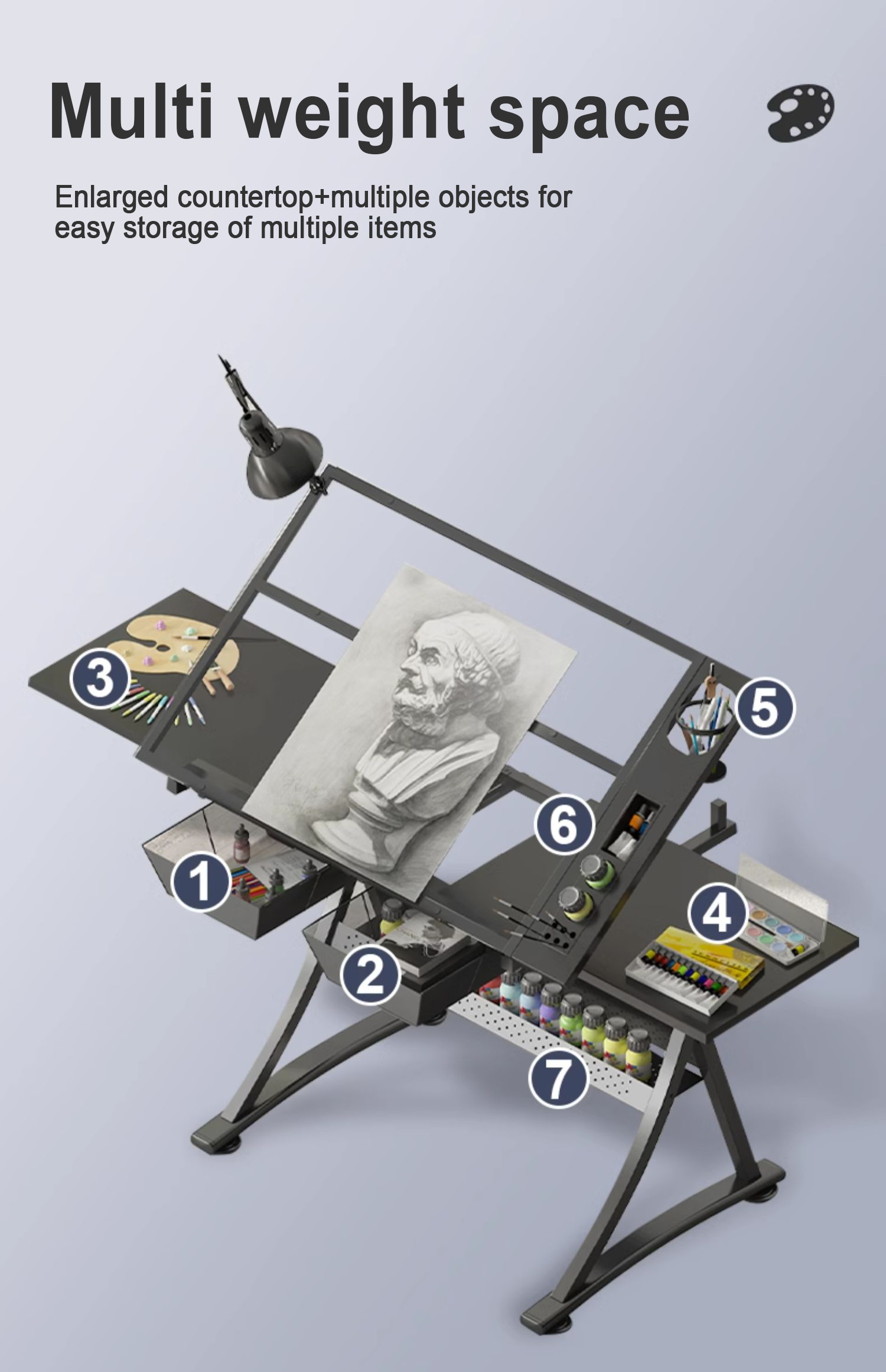 Leather bench and additional side table drawers, drafting glass table ...