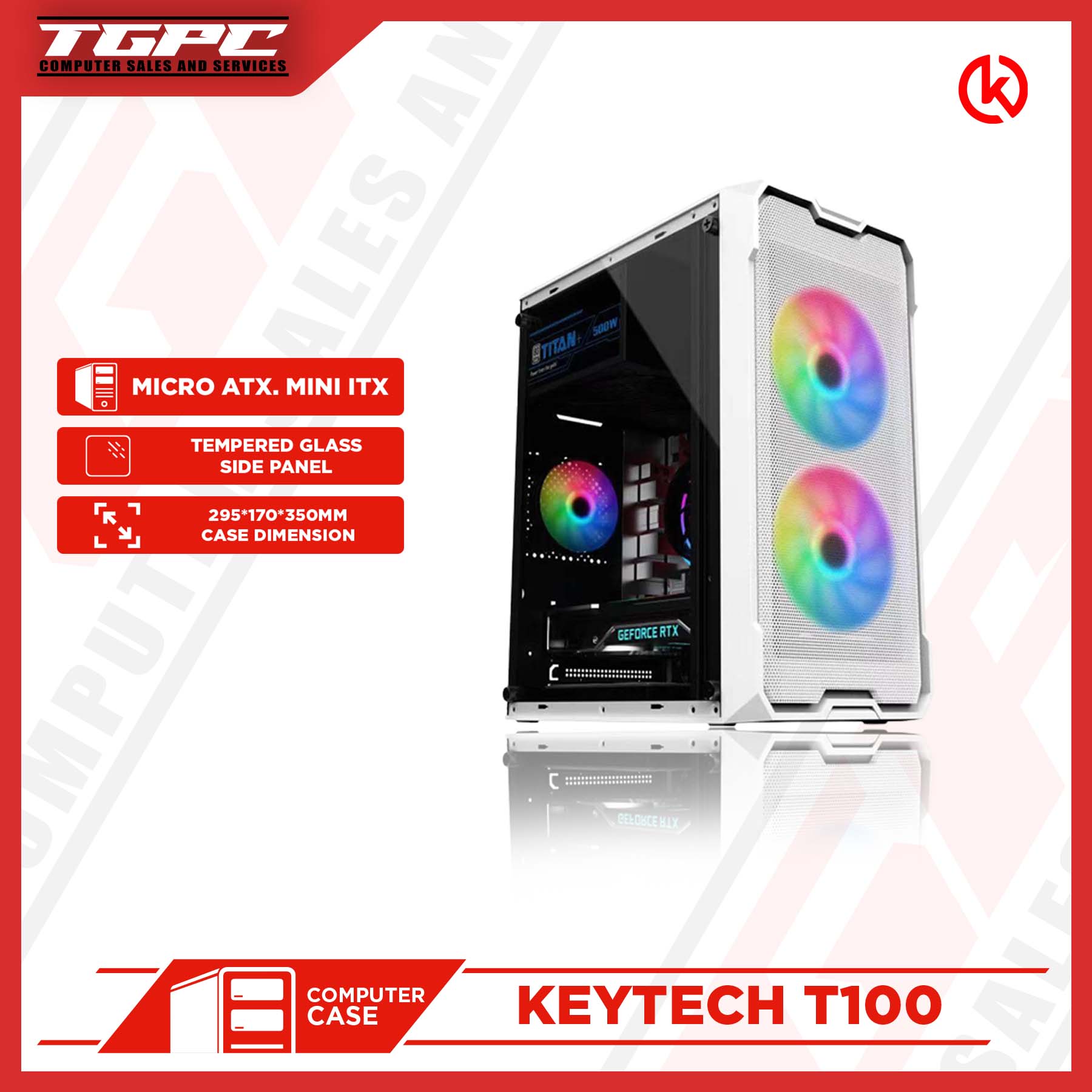 KEYTECH T100 TEMPERED GLASS Side MESH Front panel, Gaming PC Case Black ...