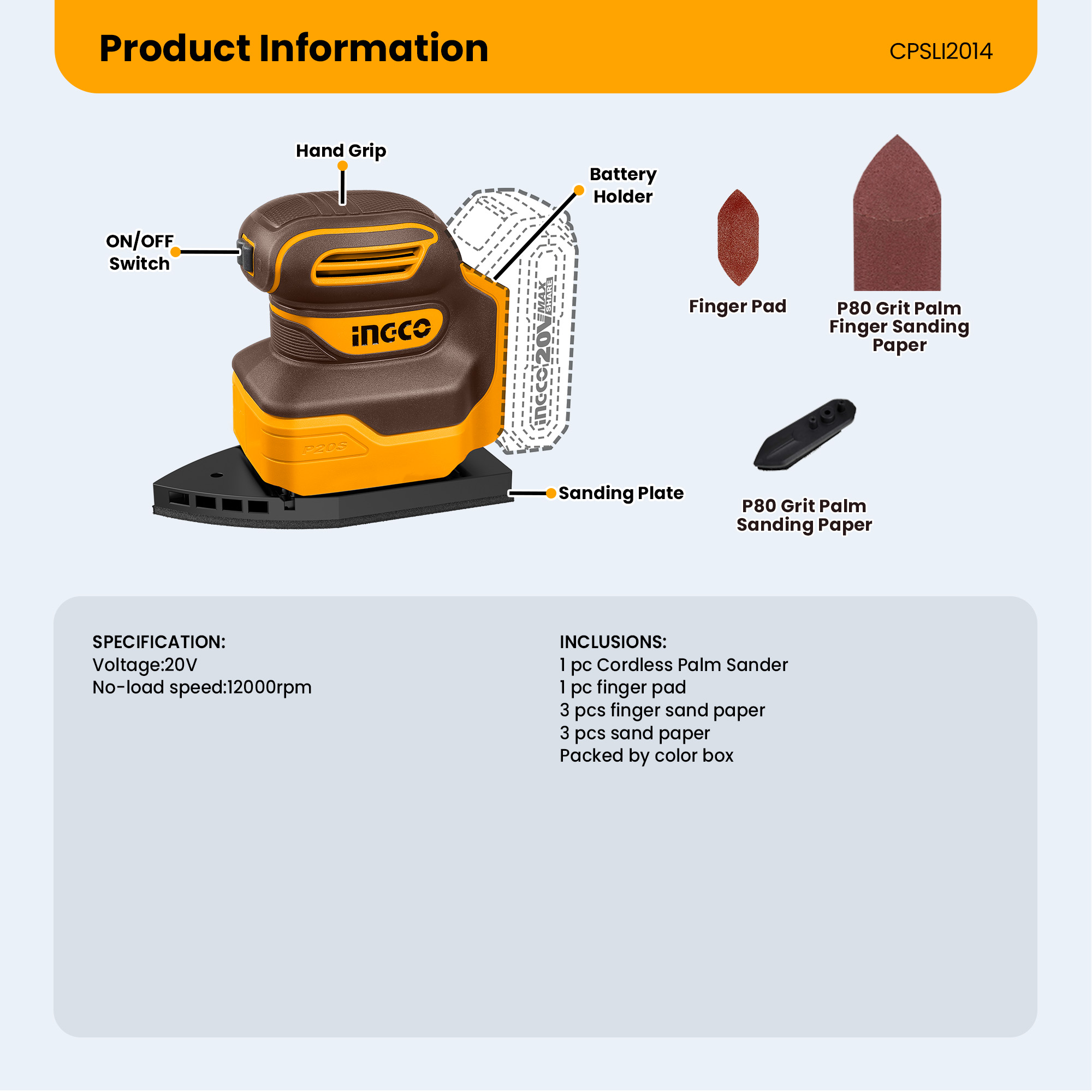 Ingco 20V Cordless Lithium-Ion Palm Sander Battery and Charger Sold ...