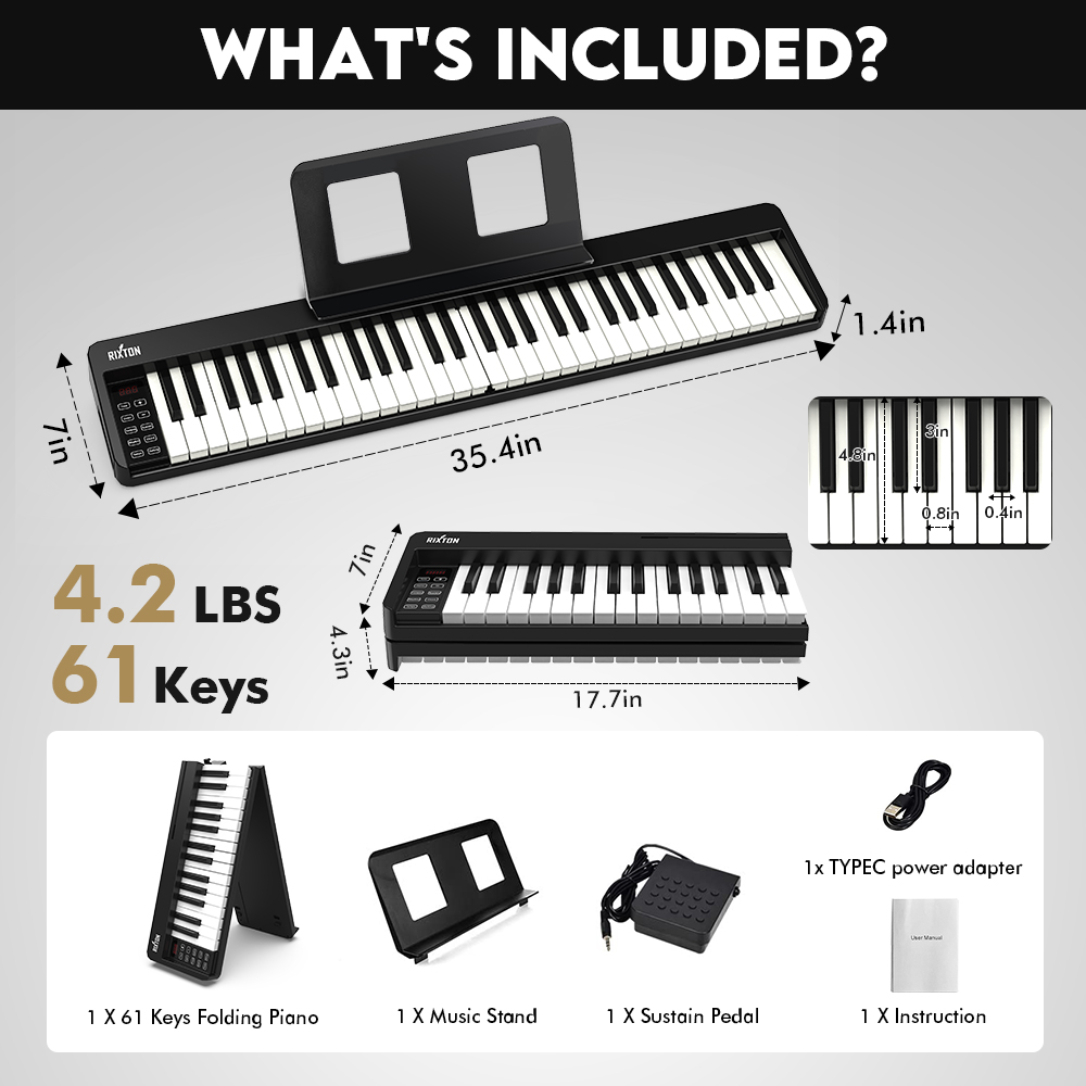RIXTON Foldable 61 Keys Keyboard Folding Piano Keyboard With Full Size ...
