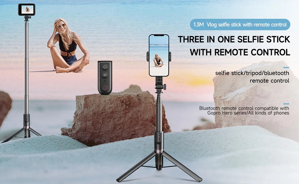 TELESIN 1.3m Bluetooth Remote Selfie Stick Tripod for GoPro Hero 13/12 ...
