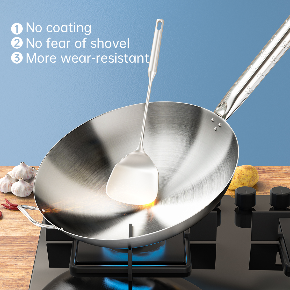 Nipiin Kawali Stainless Wok Pan Non stick with Cover Frying Pan High ...