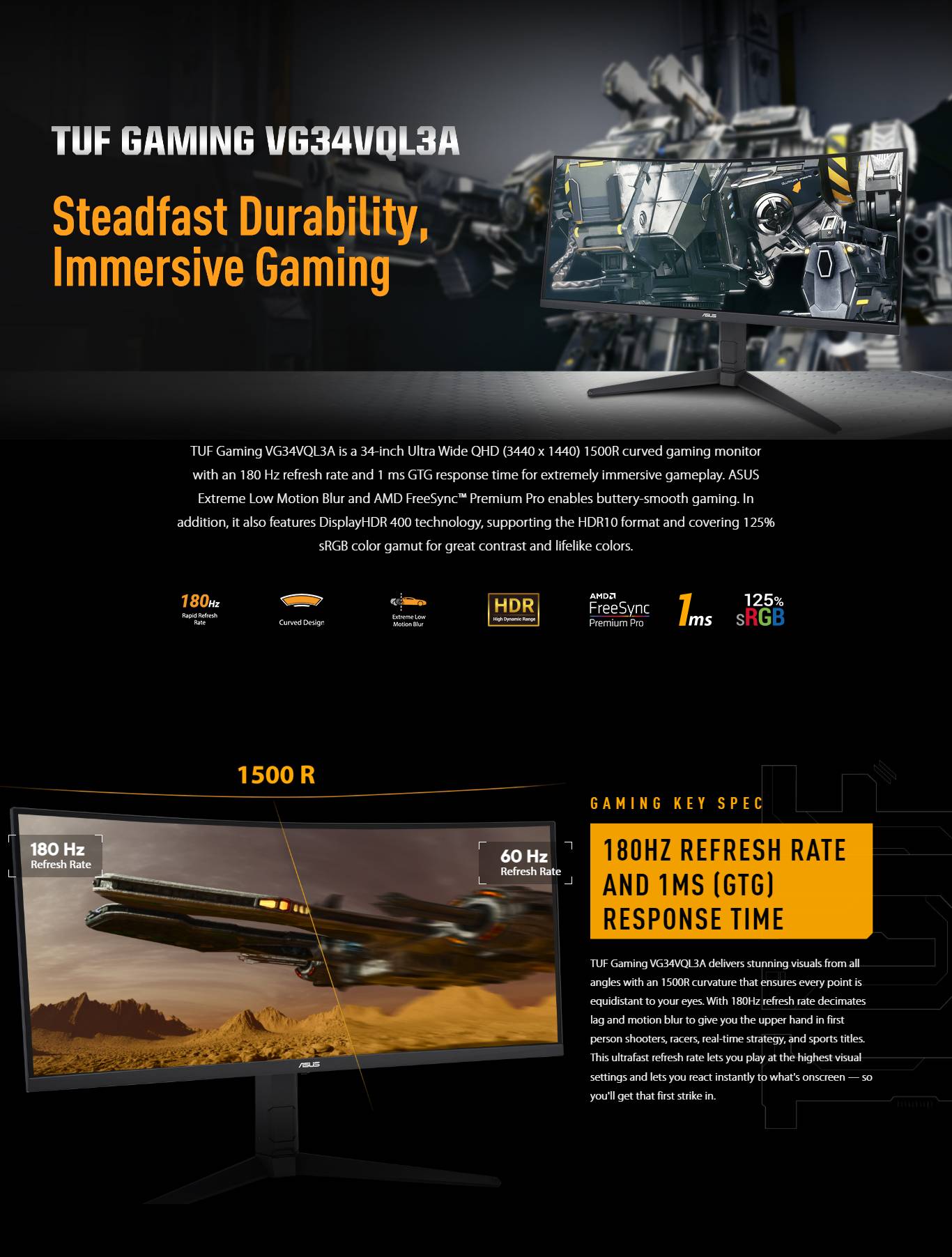 Asus TUF Gaming VG34VQL3A 34" WQHD VA Technology 1ms 180Hz Gaming ...