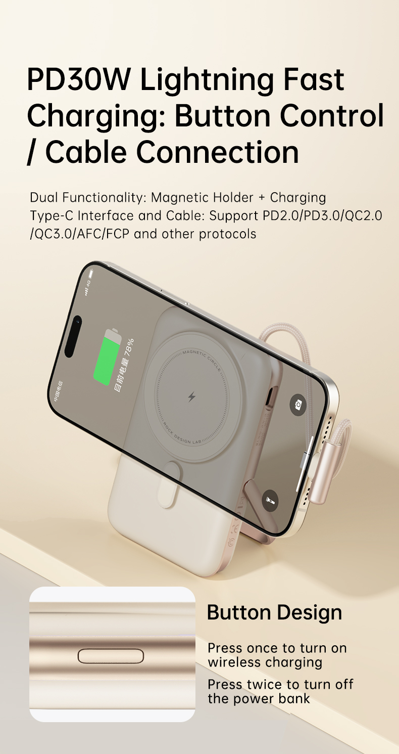 Rock Space P20Pro/P30Pro Wireless Powerbank Built in Cable 10000mAh PD30W Fast Charge For iPhone ...