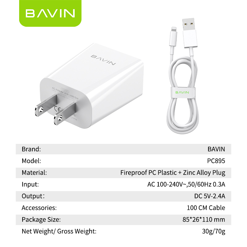 BAVIN PC910 / PC895 2.4A Quick Charging USB Port Wall Charger w/ 1 Meter Cable for Micro/Type-C ...