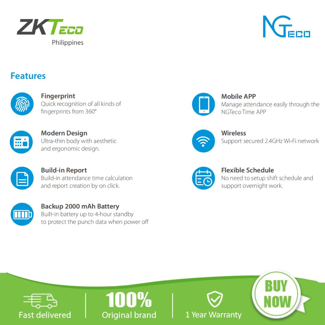 NGTeco Battery Fingerprint Time Attendance Machine WiFi Time Recorder ...