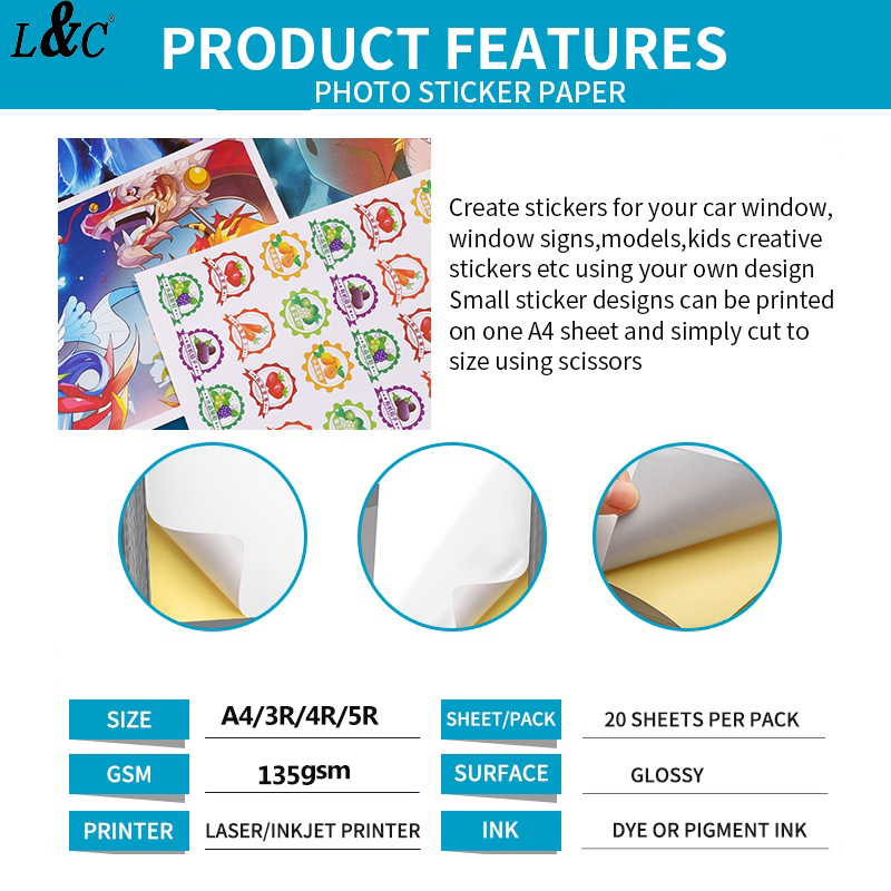 L&C Photo Sticker Paper 135gsm Glossy A4 Size 20/50Sheets Waterproof ...