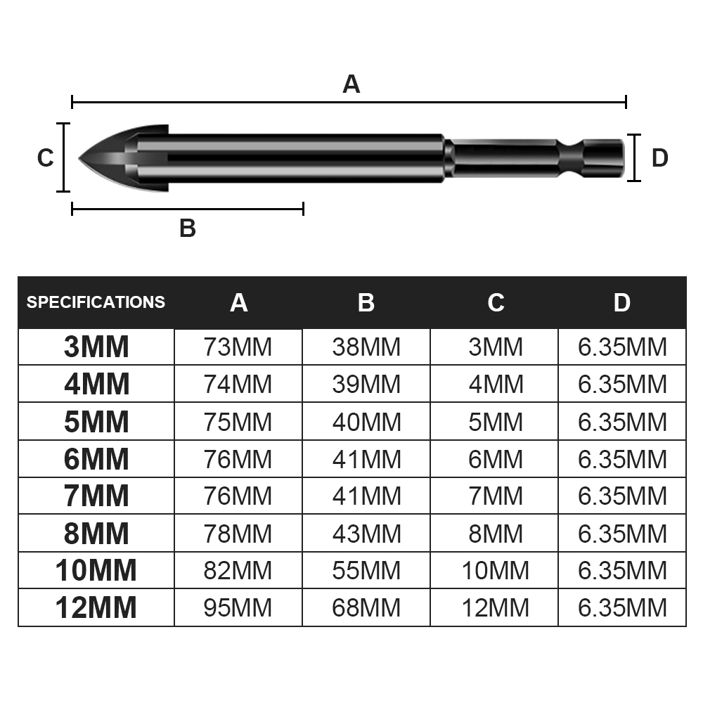 7pcs Glass Concrete Drill Bit Set 3-12mm Cross Hex Tile Ceramic Drill ...