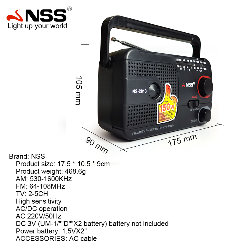 NSS Portable Radio with 3 BAND High Sensitivity AM/FM/TV Radio AC ...