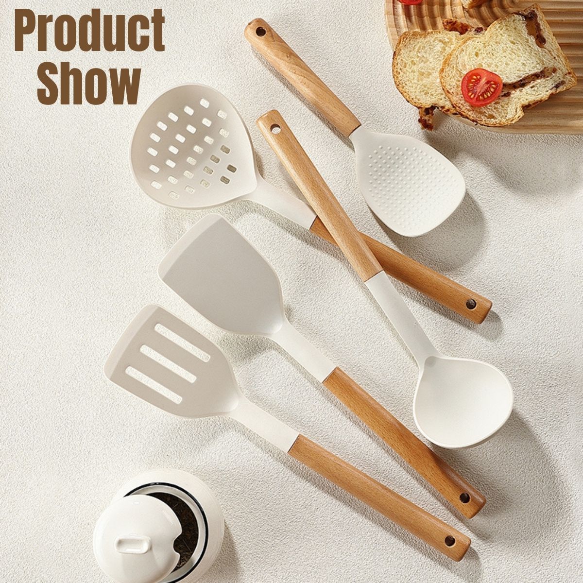 LOCAUPIN Set of Kitchen Essential Tool Silicone Cooking Utensil Wooden ...