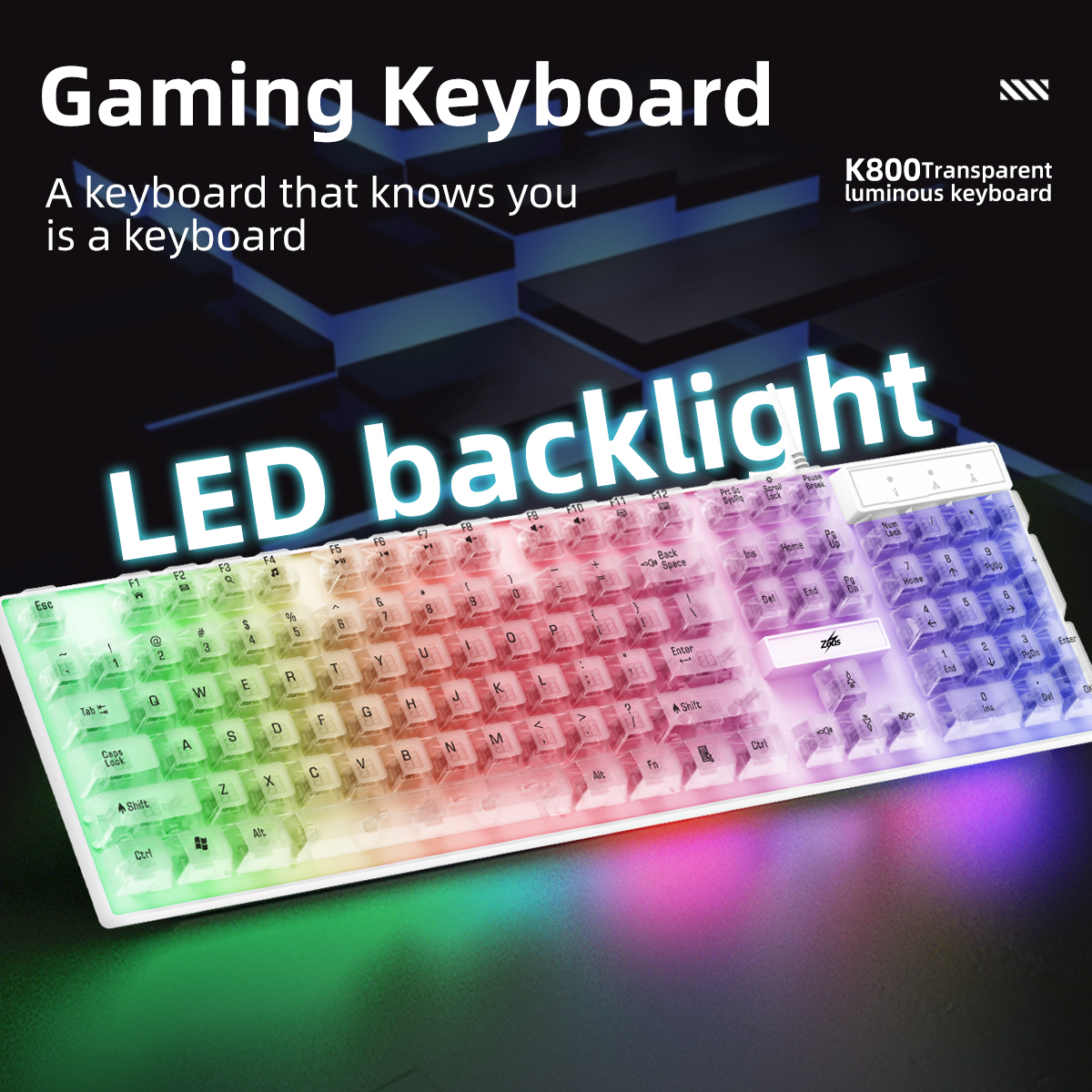 Zeus K-800 Professional Transparent Keycaps Keyboard With Multimedia ...