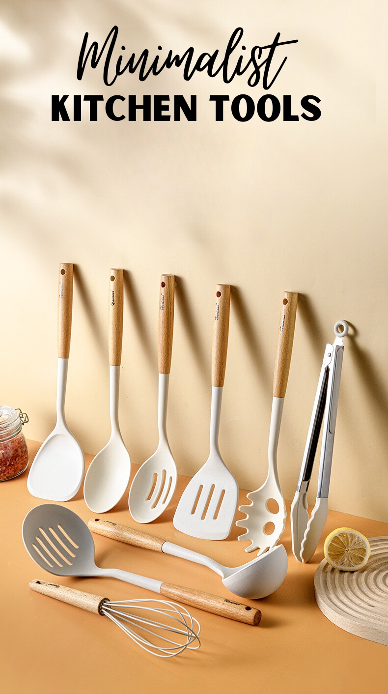 LOCAUPIN Non Stick Kitchen Utensil Cookware Silicone Wooden Handle ...