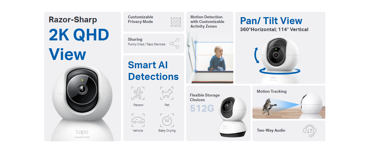 TP-Link Tapo TC72 2K 4MP Pan/Tilt AI Home Security Wi-Fi Indoor CCTV IP ...