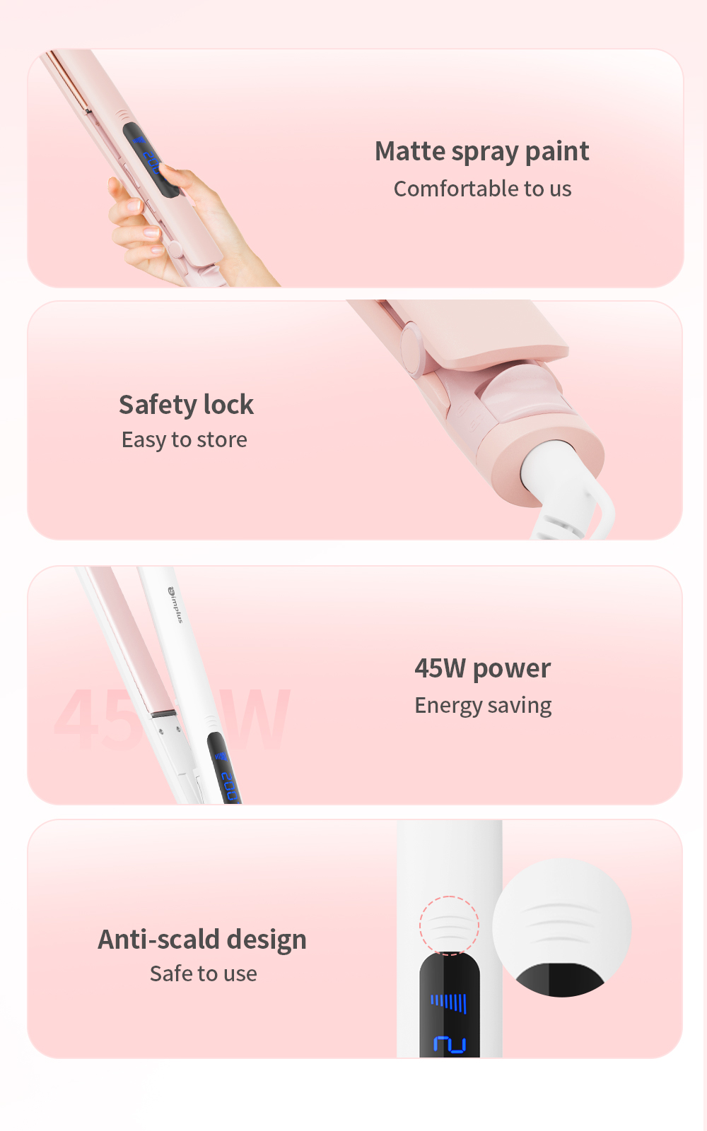 SimplusPink Hair Straightener and Curler LCD Smart Screen 9 Adjustable Temperature ZFBA003 ...