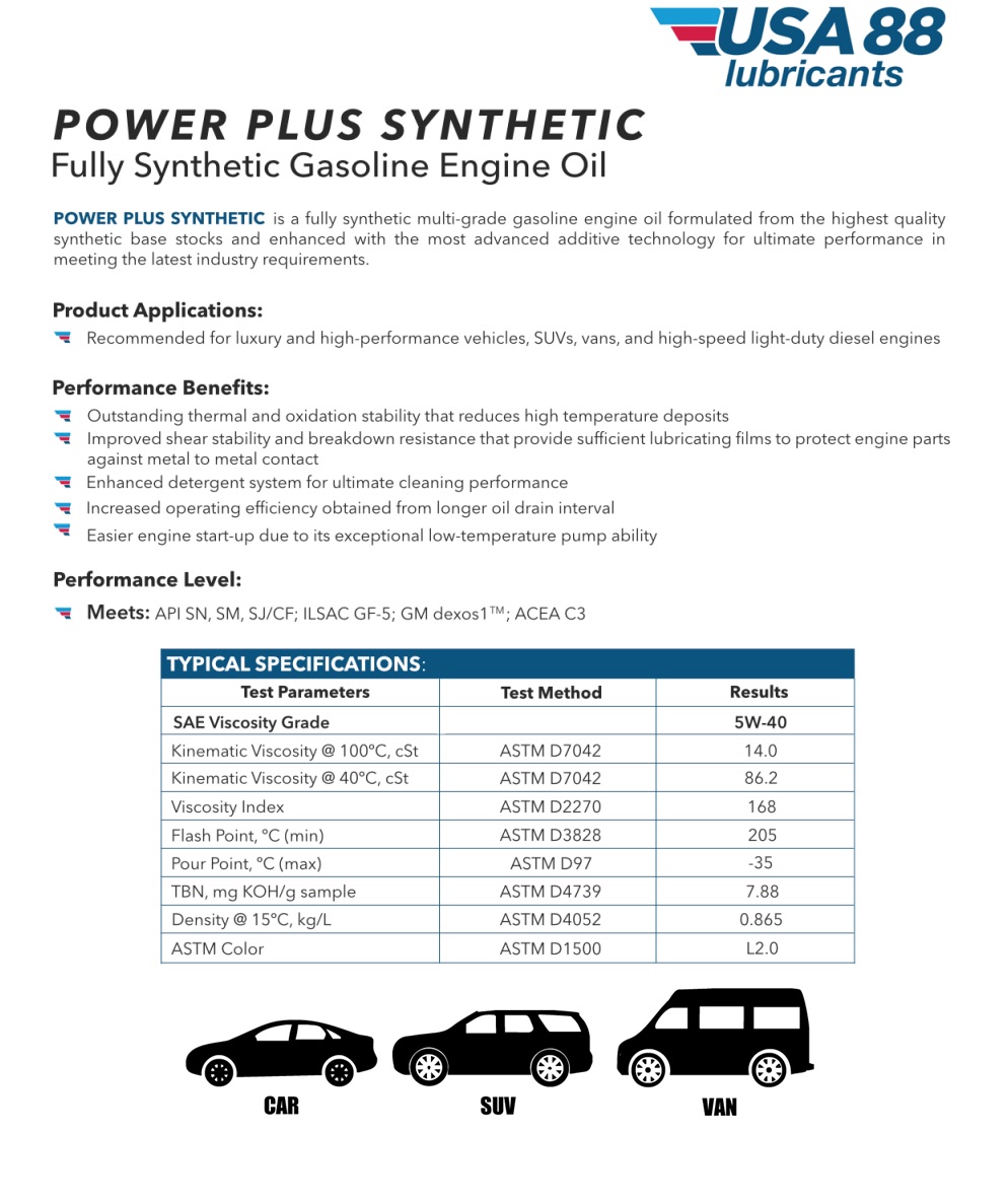 USA88 PP Synthetic 5W-40 API SN Fully Synthetic Gasoline Engine Oil ...