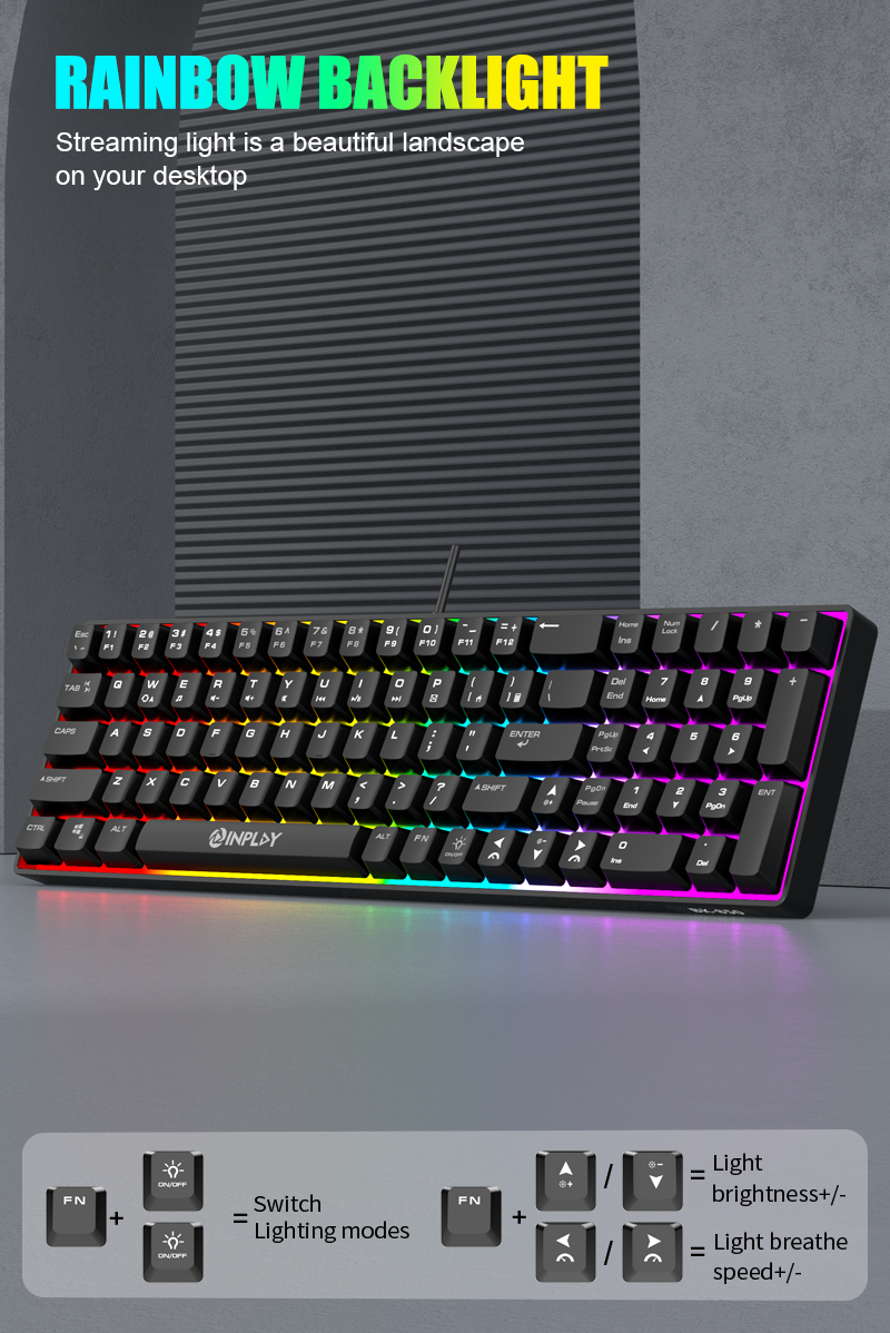 Inplay 85 Key RGB Membrane Keyboard Rainbow Light Waterproof Smooth ...