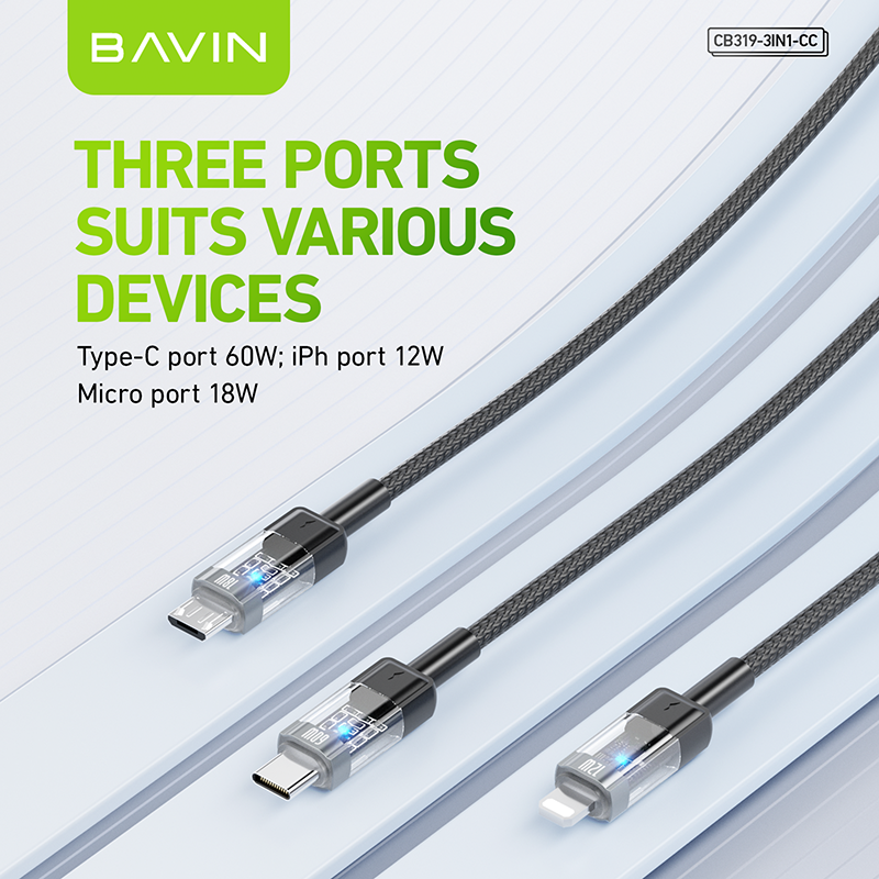 BAVIN CB319 60W PD Fast Charging Cable 3 in 1 Type-C / USB Nylon ...