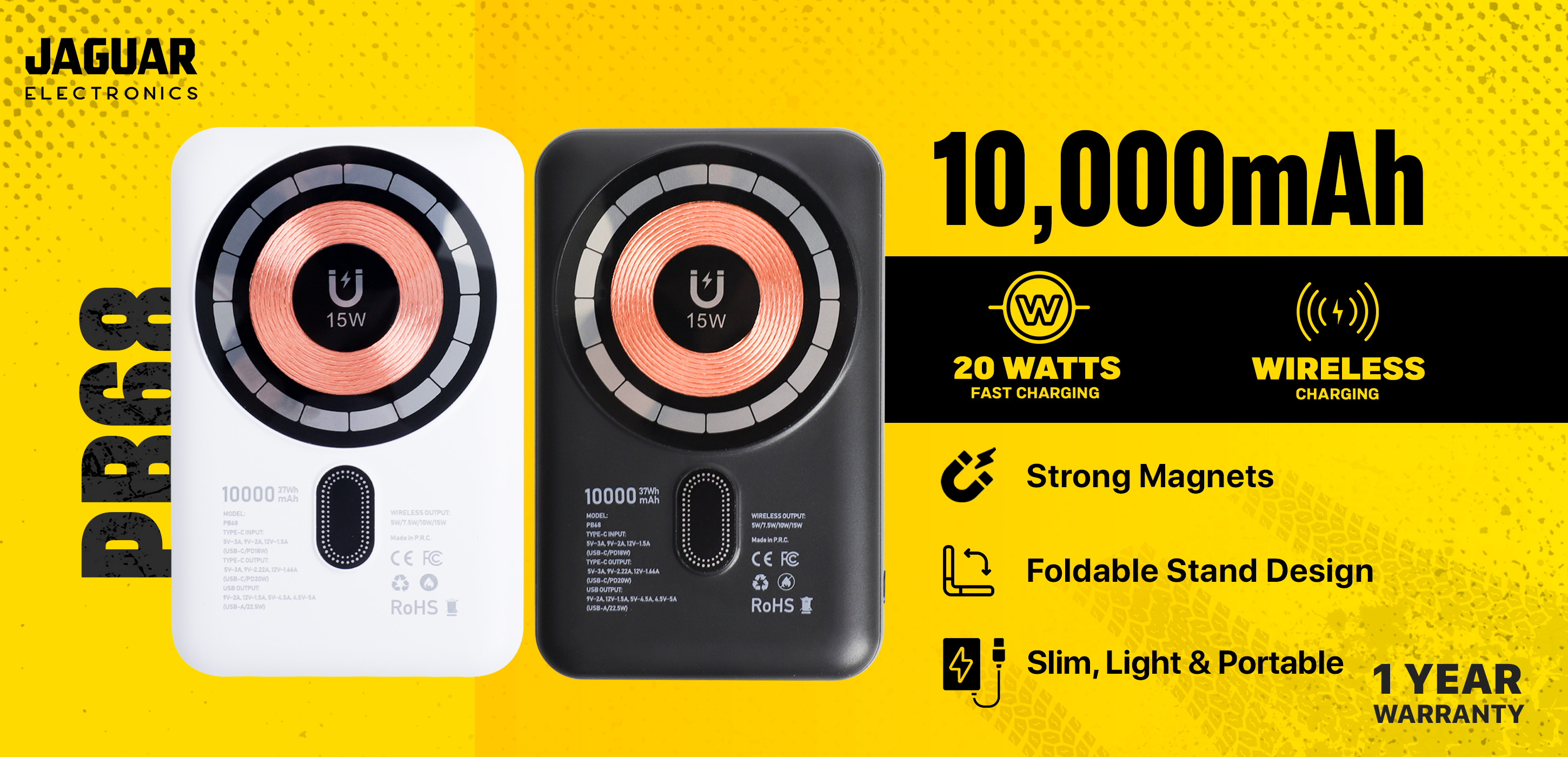 Jaguar Electronics PB68 Magnetic Wireless PowerBank with Foldable Stand PD20W 10000mAh Strong ...