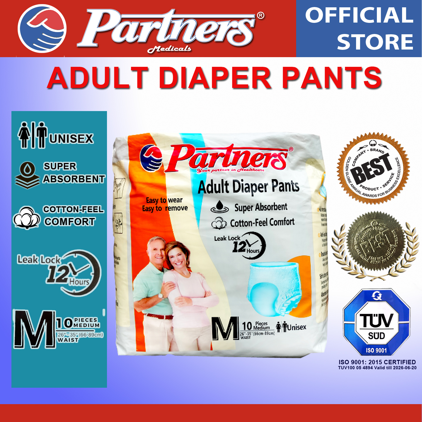 Partners Adult Diaper Medium 26"-35" (66-89cm) Pants Type -10 pieces ...