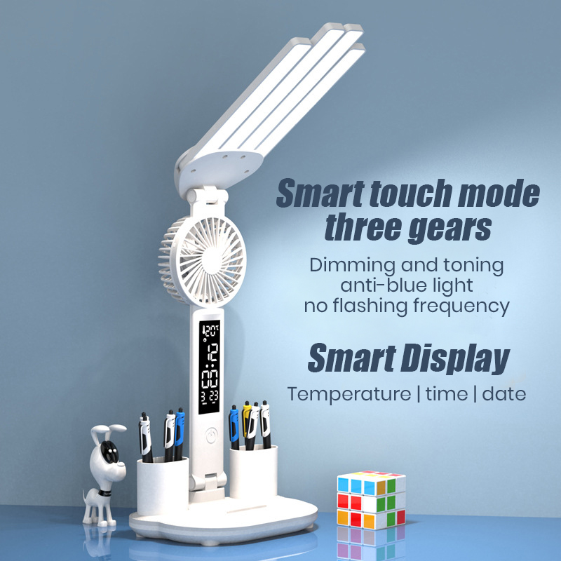 3color LED Multifunctional Fan desk lamp with fan clock USB dual head ...