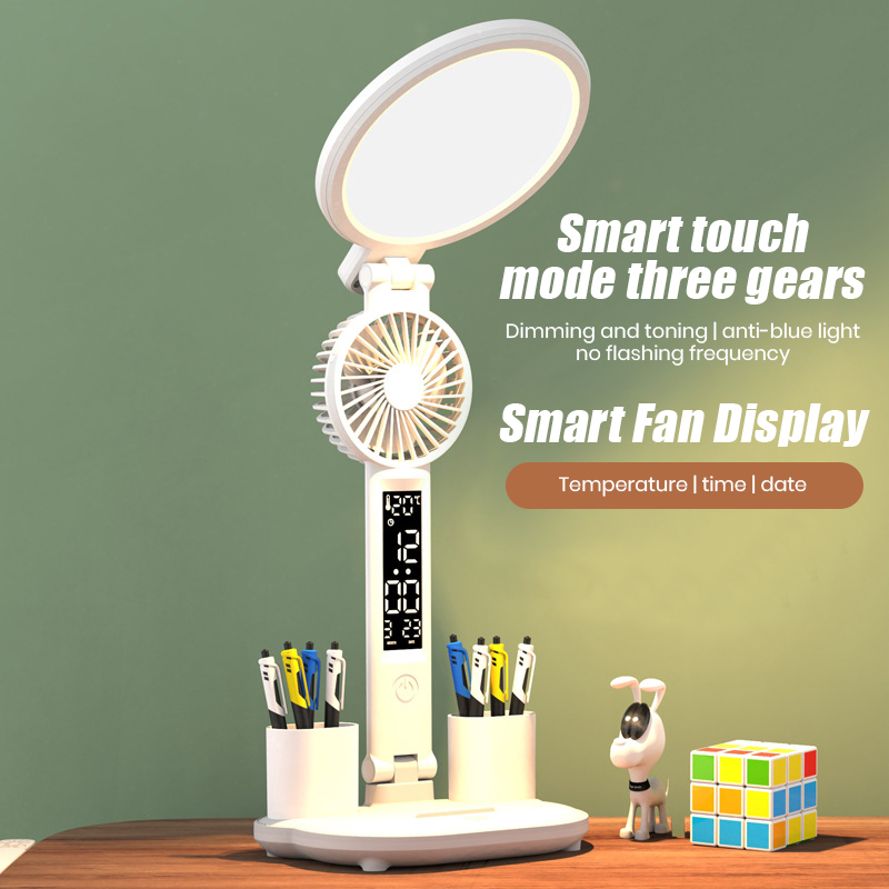 3color LED Multifunctional Fan desk lamp with fan clock USB dual head ...