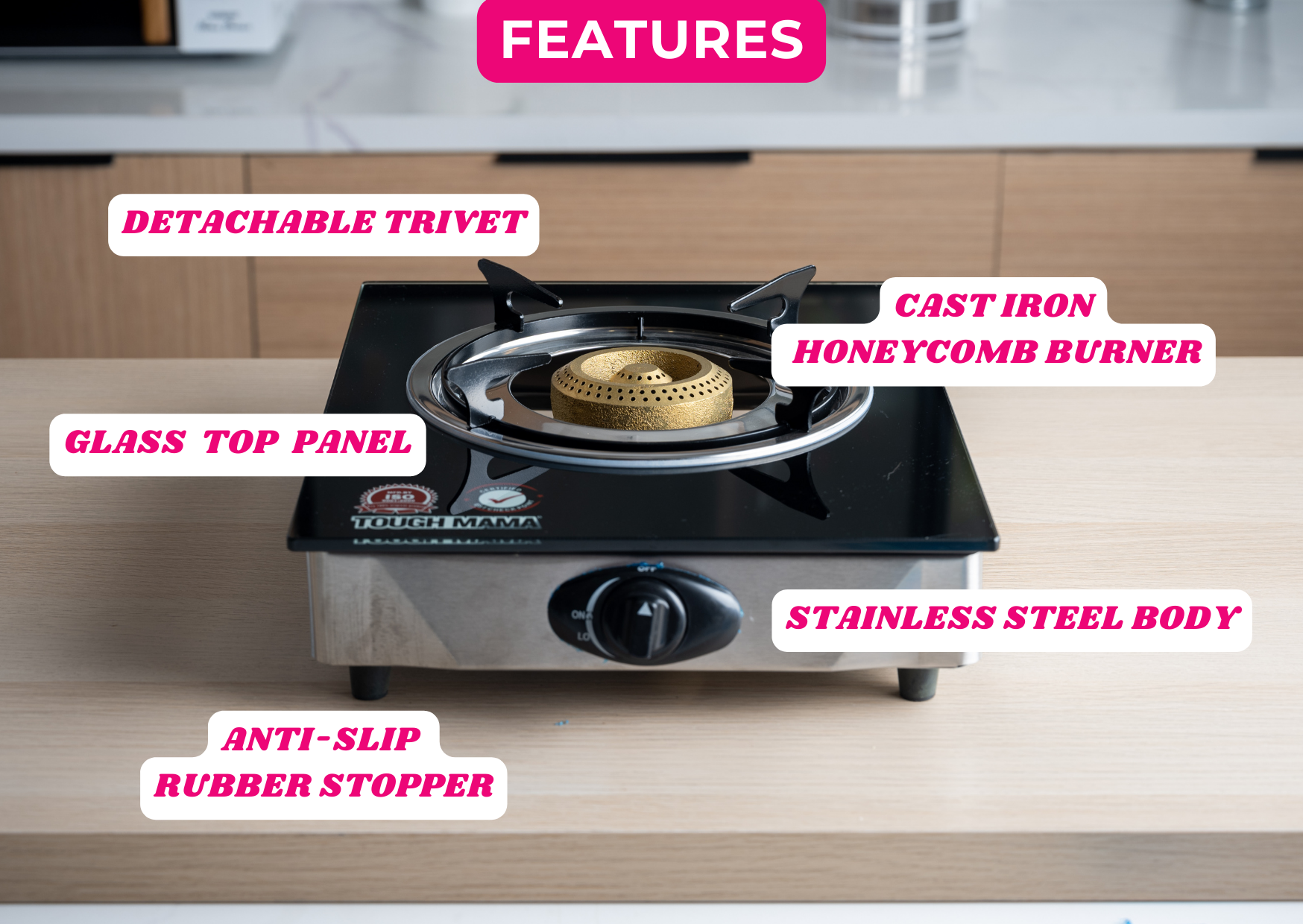 Tough Mama Black Glass Hob Single Burner Gas Stove Auto Ignition ...