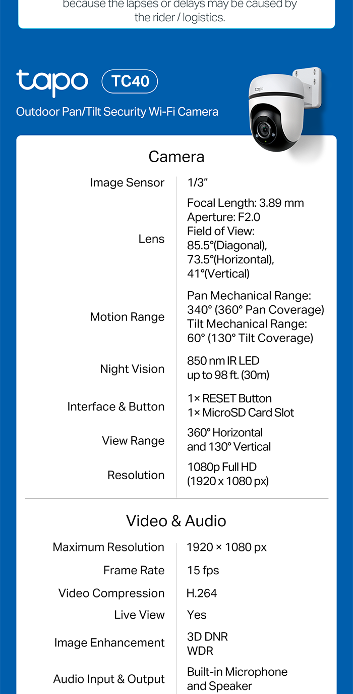 TP-Link Tapo TC40 1080P 2MP 360° Pan/Tilt Home Security IP65 Outdoor Wi ...