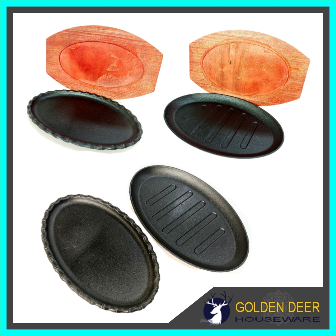 SIZZLING PLATE IN CAST IRON WITH WOODEN BASE MULTI SHAPE SIZE SIZZLING ...