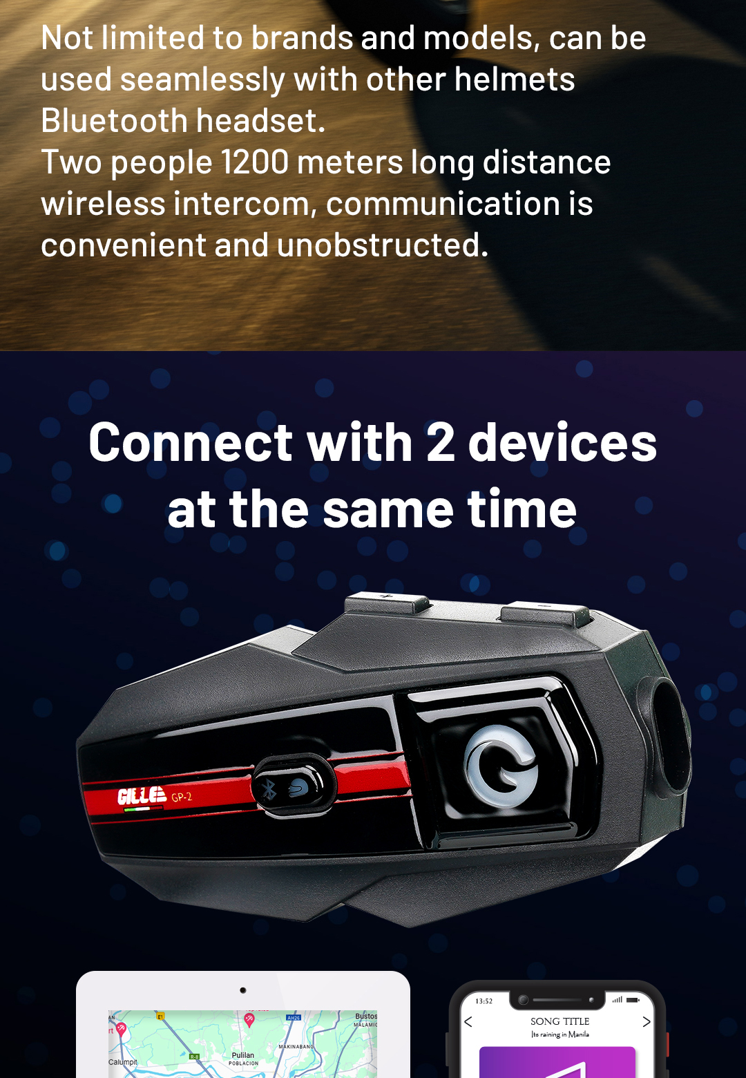 GILLE GP2 Bluetooth 5.3 2-Way Intercom For Motorcycle Helmet HIFI Sound ...