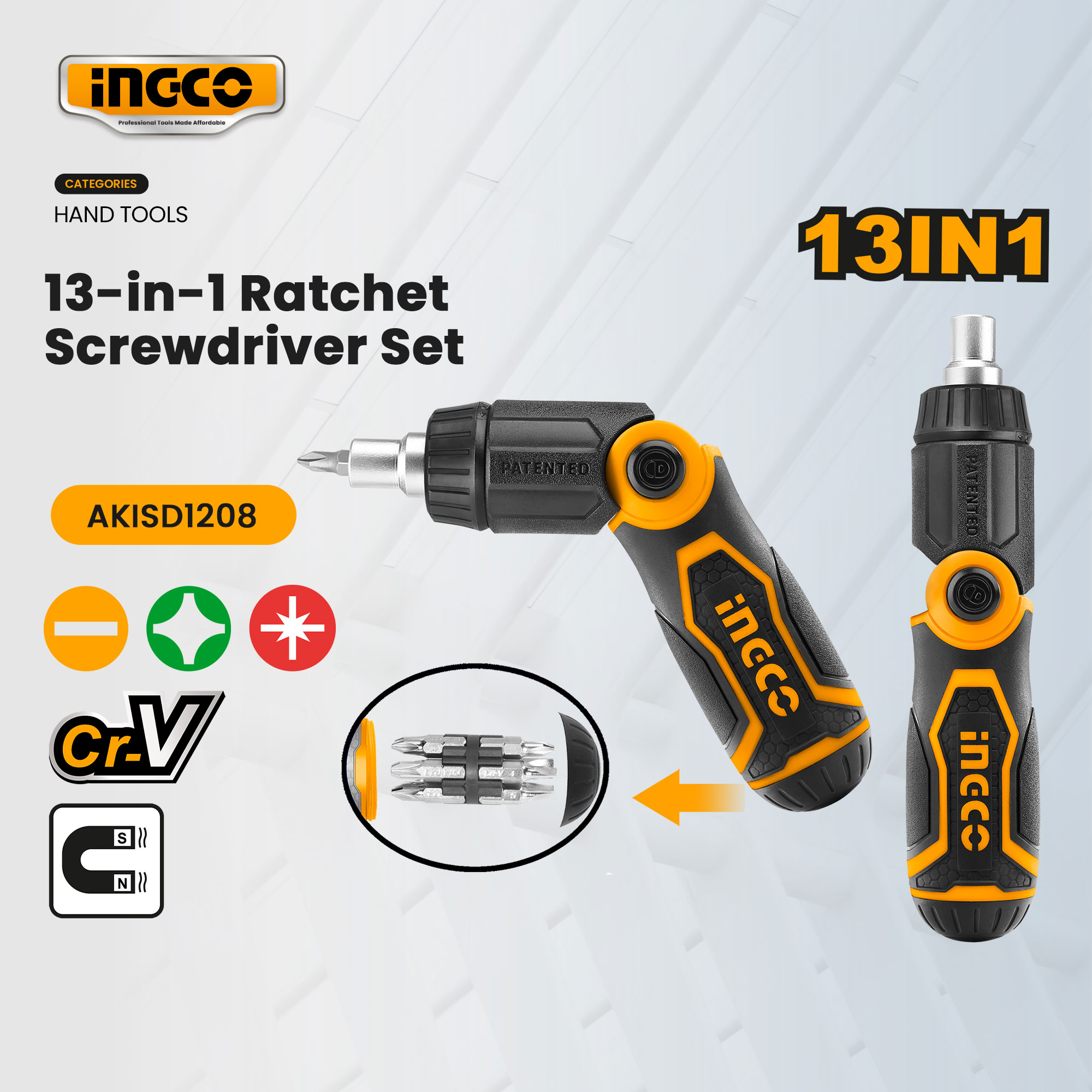 Ingco 13-in-1 Ratchet Screwdriver Set CR-V, Folding Handle AKISD1208 ...