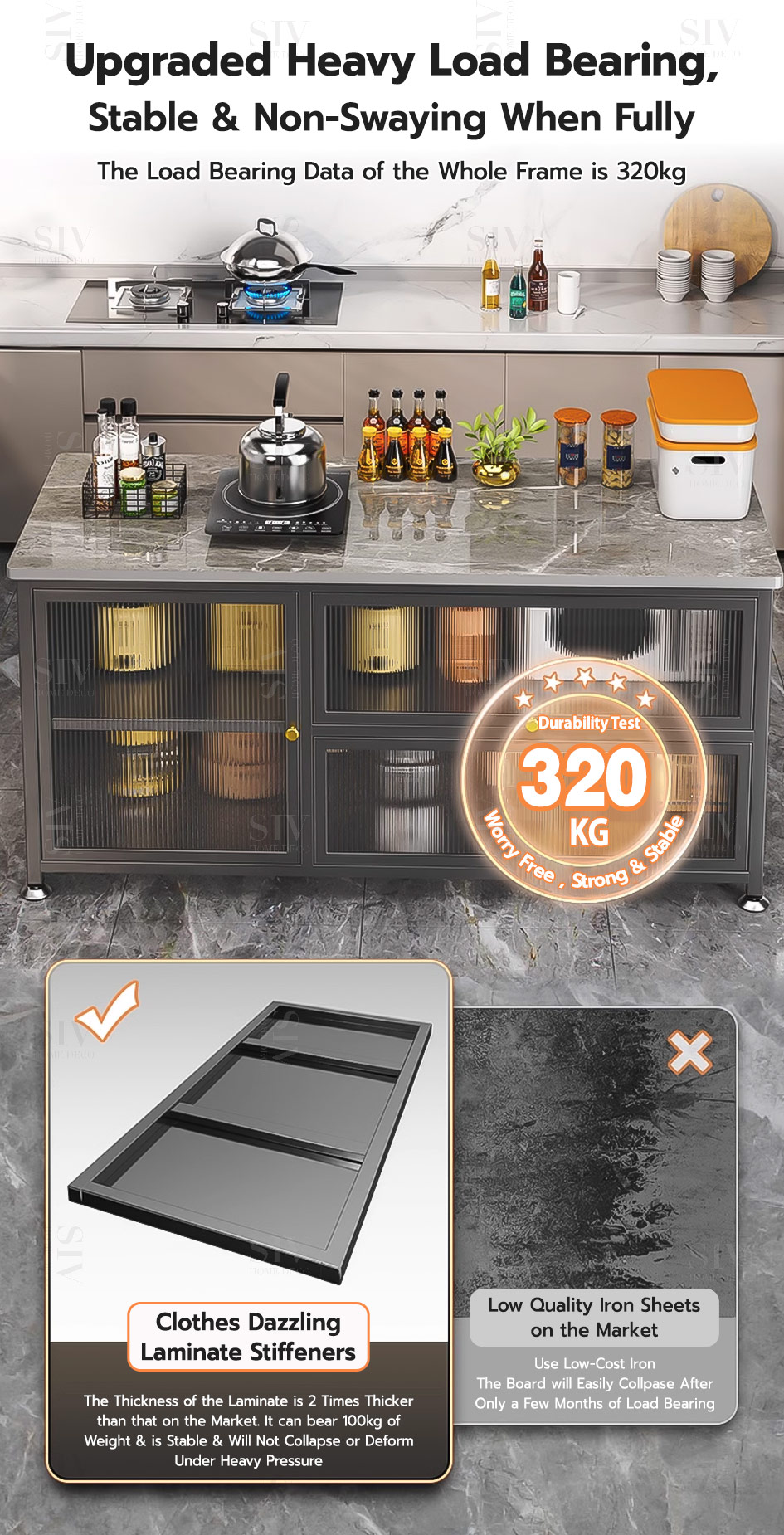 【Slate Tabletop】SIV Kitchen Island Cabinet Metal Pantry Display Cabinet ...