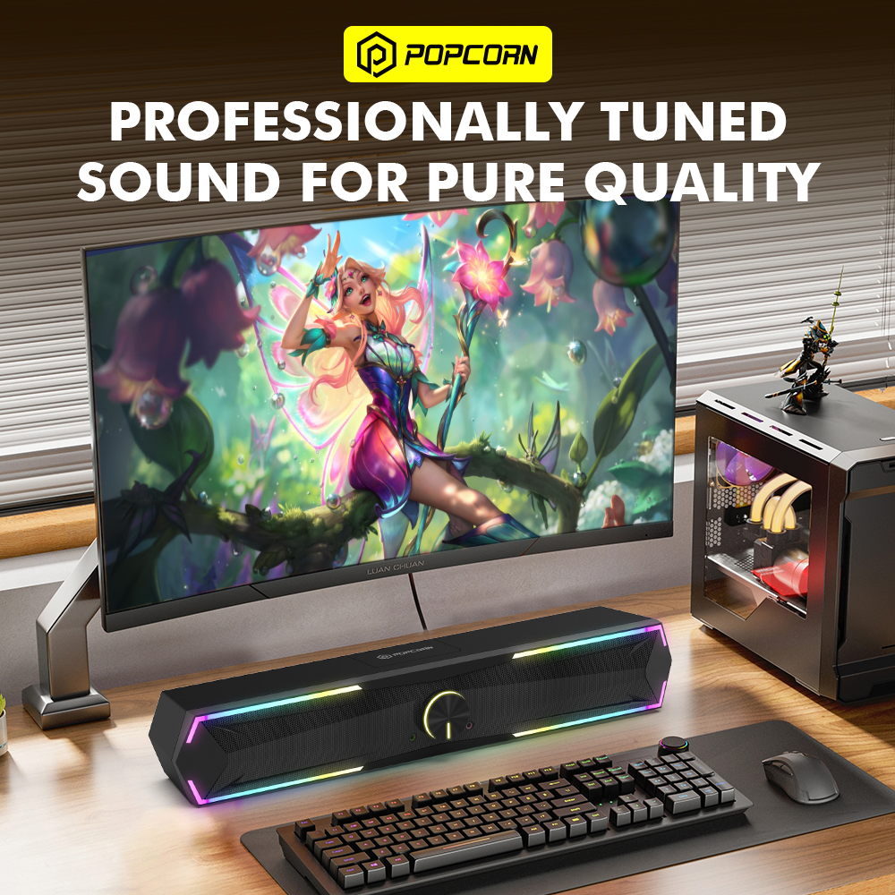Popcorn CS012ARGB Soundbar RGB LED Surround Gaming Speaker Bluetooth 5.3 USB 3.5mm Audio with ...