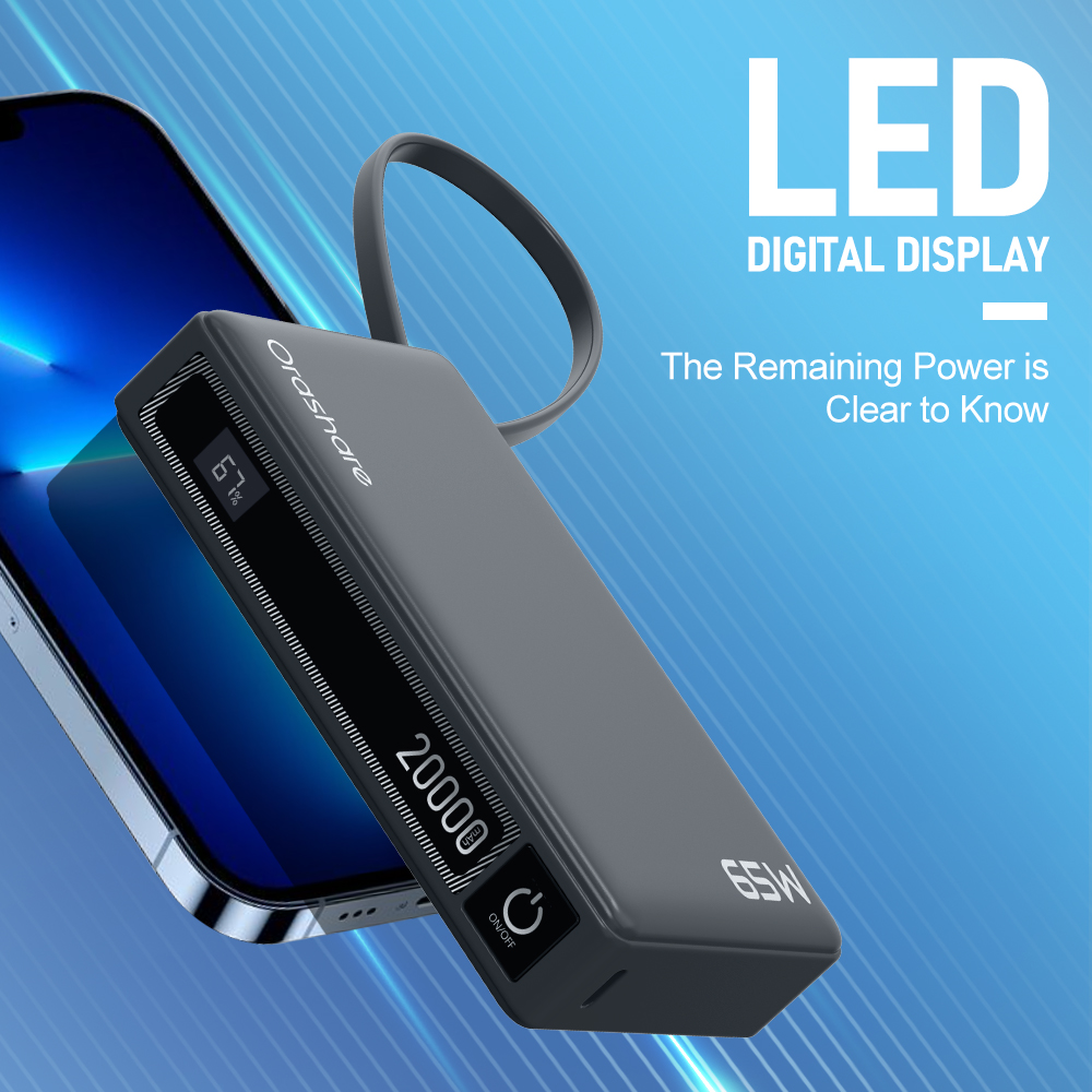 Orashare PLC265 Powerbank 20000mAh PD 65W Built-in Type C Cable Super ...