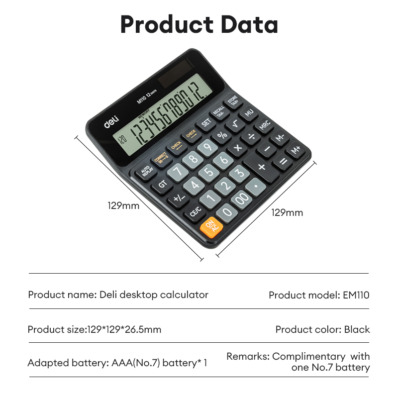 Deli 12-Digit Big Desktop Calculator Solar Battery Operated Calculator ...