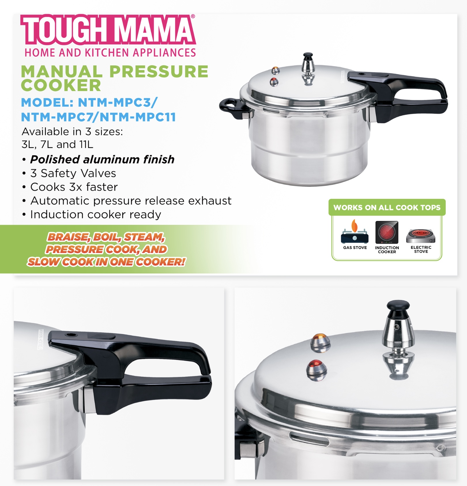 Tough Mama Manual Pressure 3L/7L/11L Cooker Slow Cooker Multifunctional ...