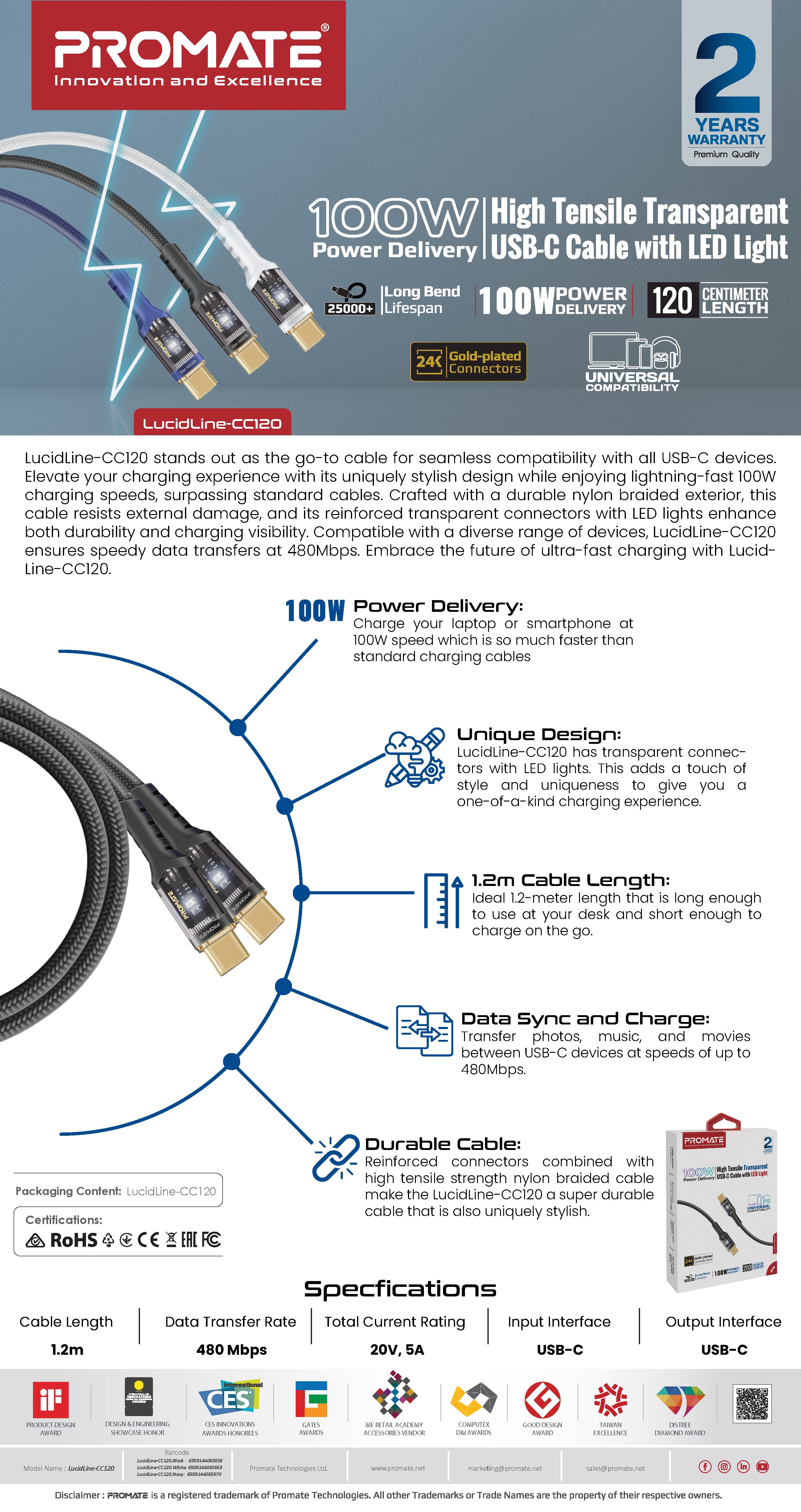 Promate LucidLine-CC120 High Tensile Transparent 100W Power Delivery USB-C Cable with LED Light ...