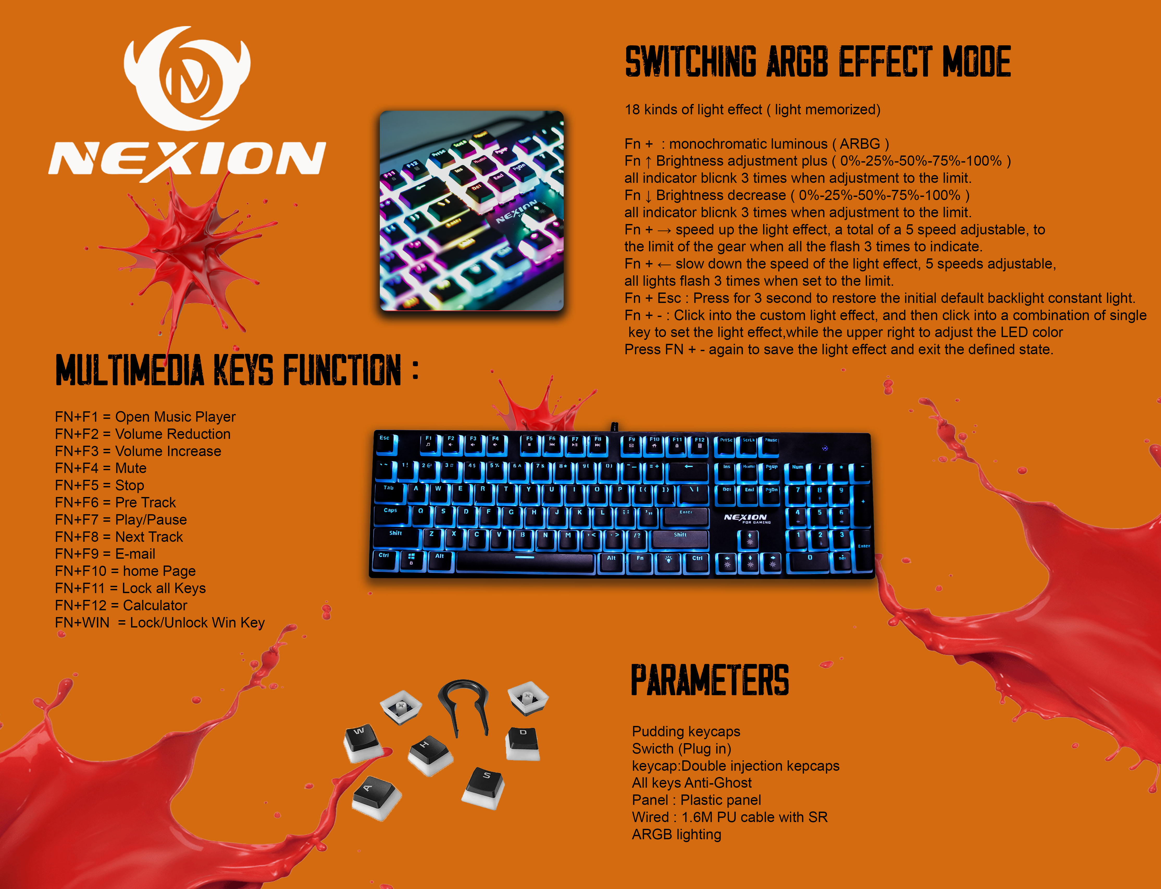 NEXION KY-820R Mechanical keyboard 18 Kinds of light effect ARGB ...