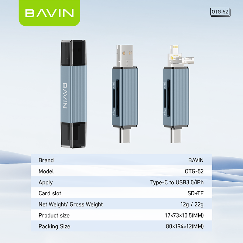 BAVIN O52 Multi-Function Card Reader 3 in 1 Type-C to USB 3.0 + iPh ...