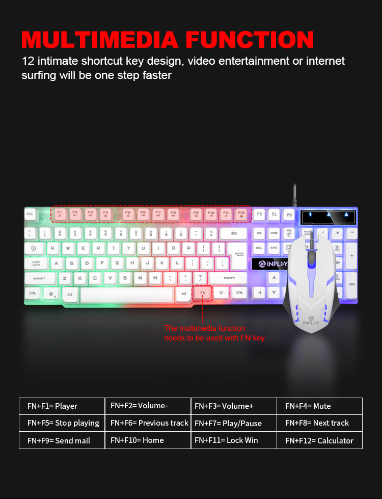 Inplay STX200 Keyboard Mouse Set Rainbow RGB Suspended Backlit Gaming ...