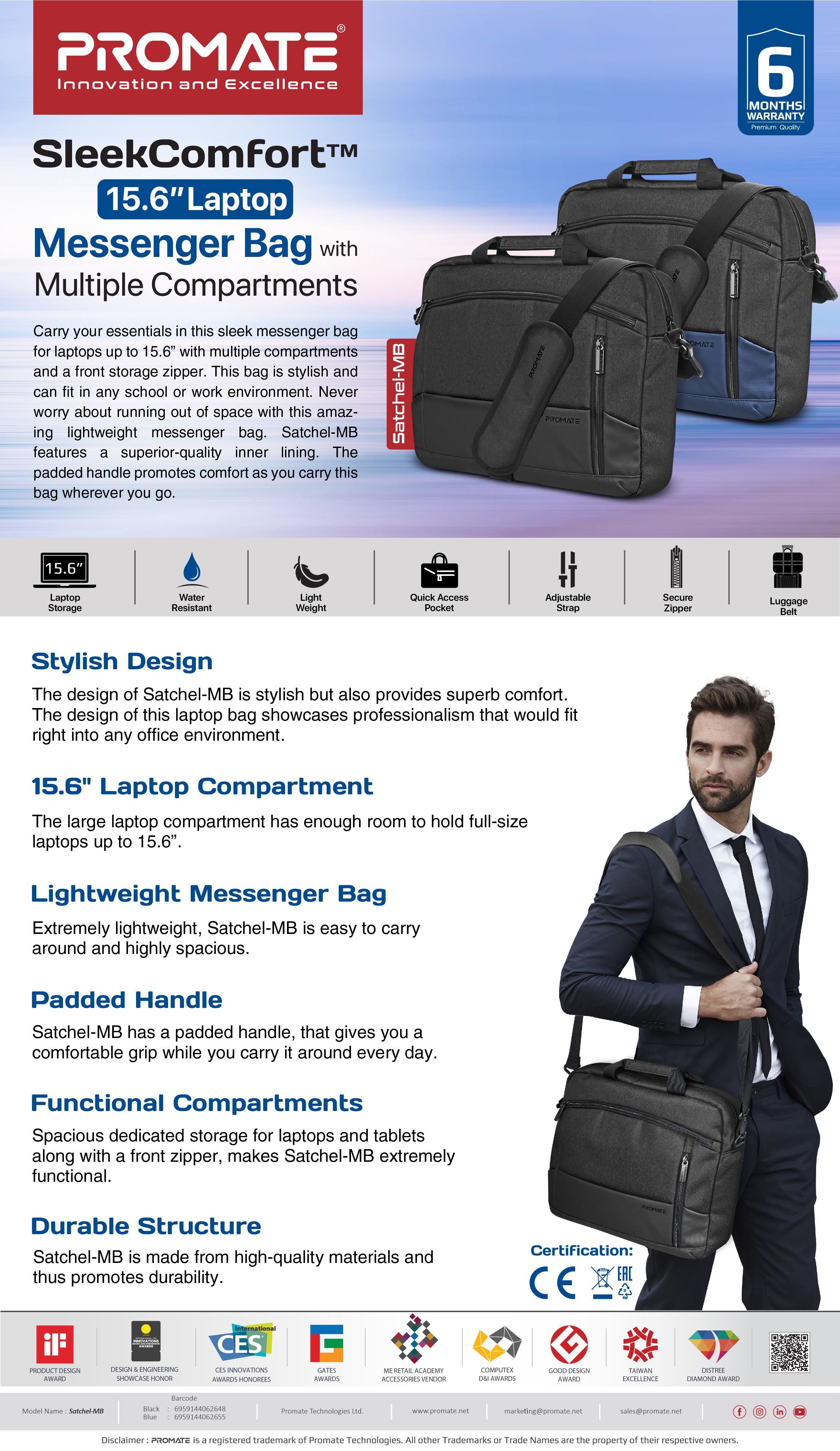 Promate Satchel- Mb Sleek Comfort™ 15.6" Laptop Messenger Bag with ...