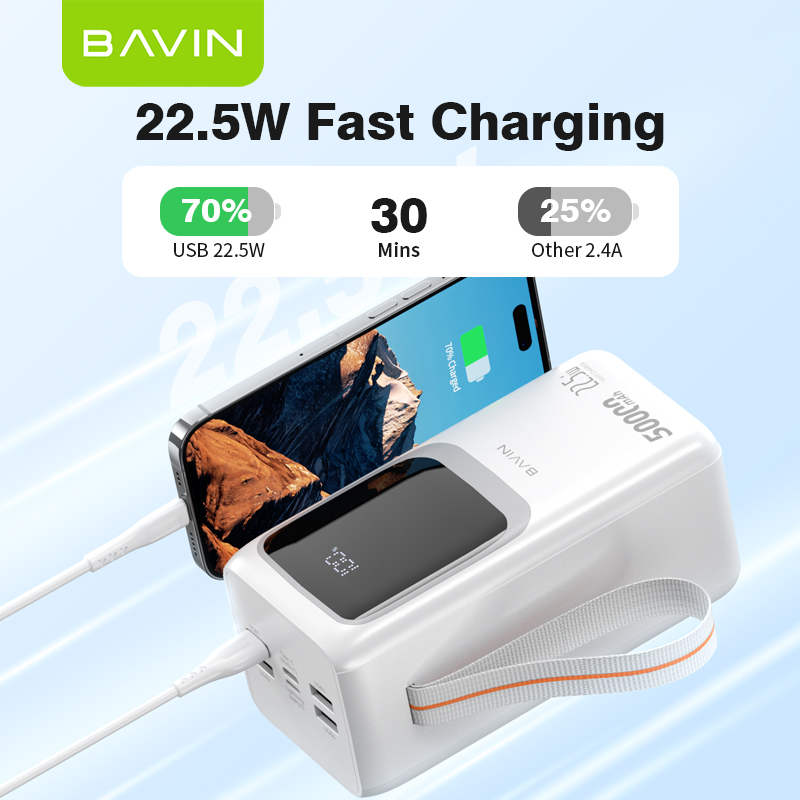 BAVIN PC1032 50000mAh / PC1031 30000mAh 22.5W PD Fast Charging Power bank Built-in Cable LED ...