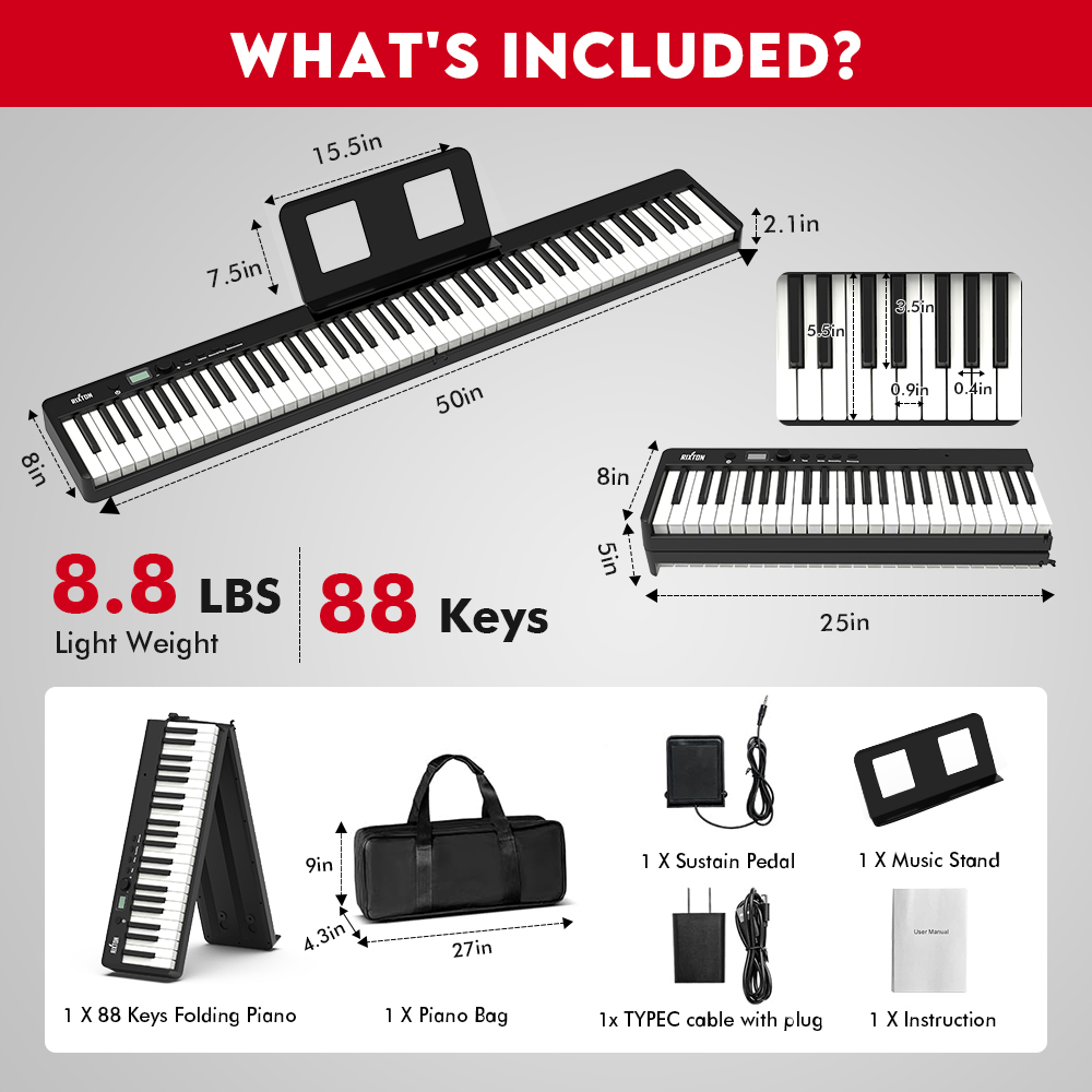 RIXTON Portable Digital Piano 88 Keys Foldable Piano Keyboard Electric ...