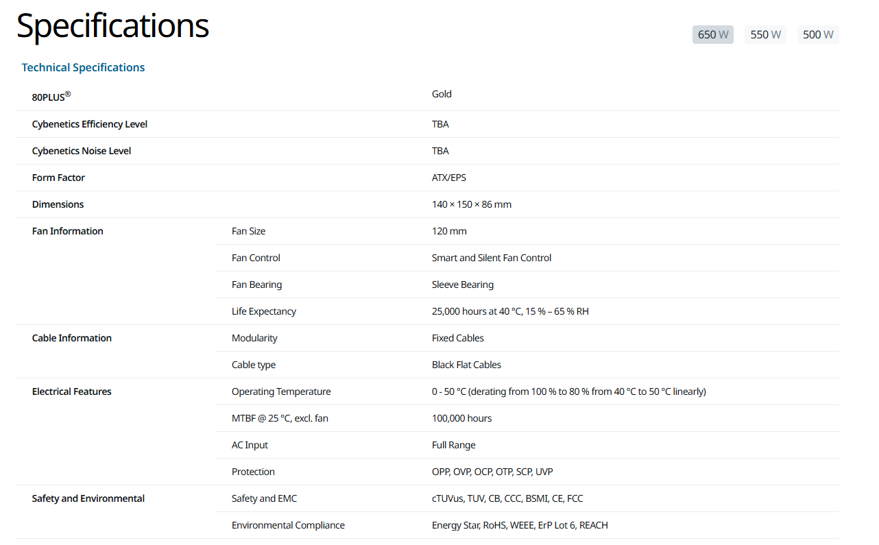 Seasonic PSU 650W Power Supply Unit Core GC-650 80+ Gold Fixed Cables ...