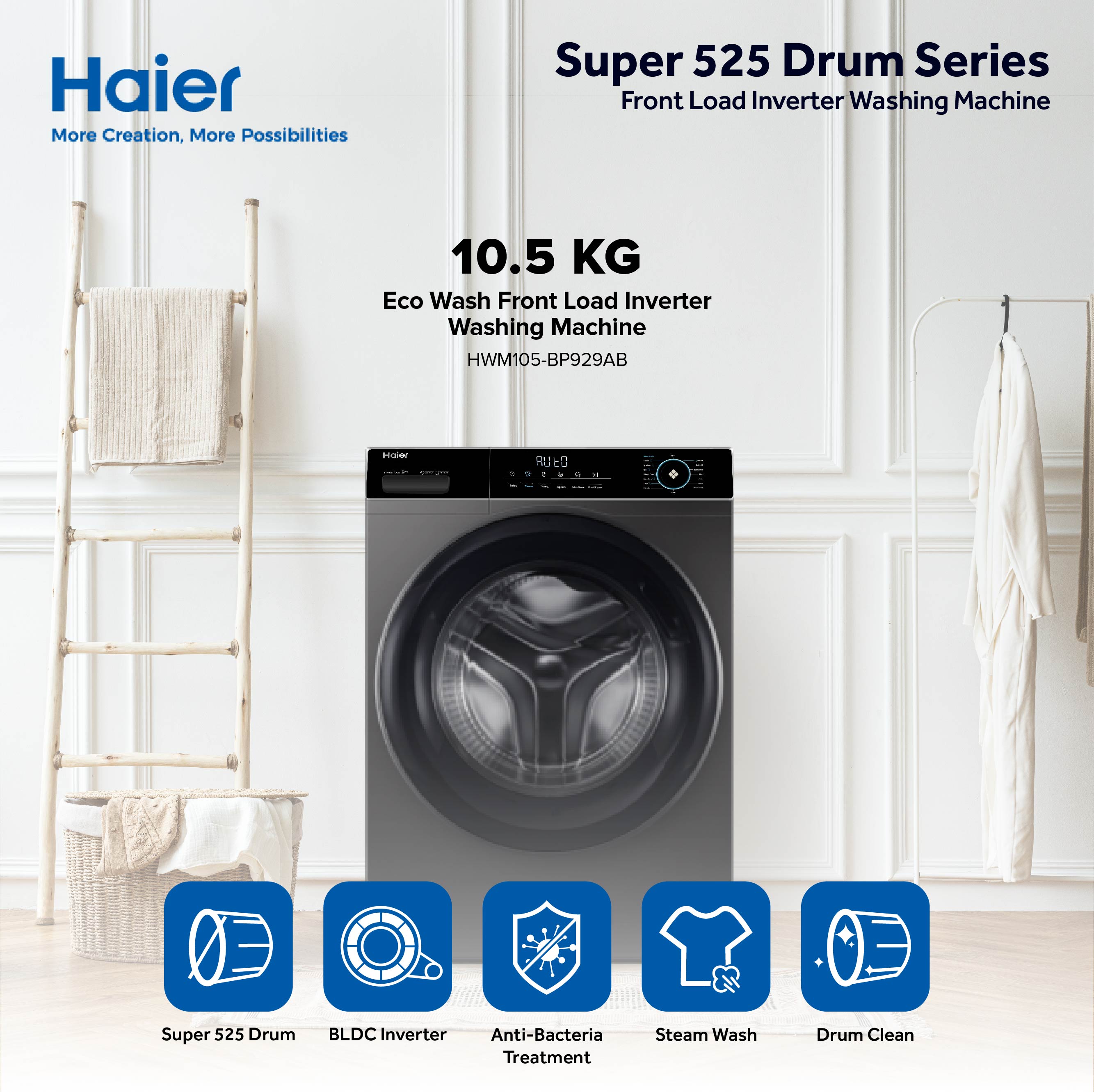 Haier HWM105-BP929AB 10.5 kg Super Inverter Wash Front Load Washer ...